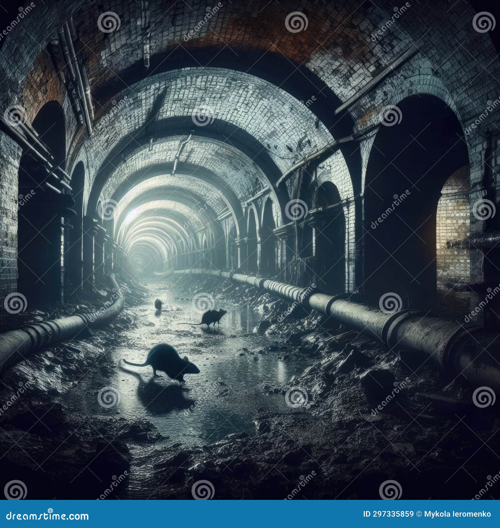 A Grim, Dirty Sewer Tunnel with Rats and Pipes. Stock Image - Image of ...