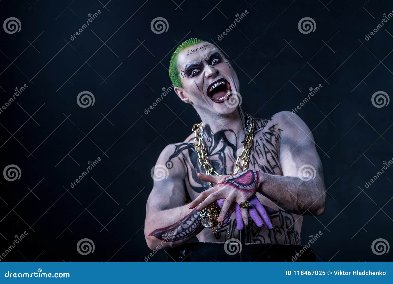 Grim Evil Character with Drawings on the Body. Green Hair Stock Image ...