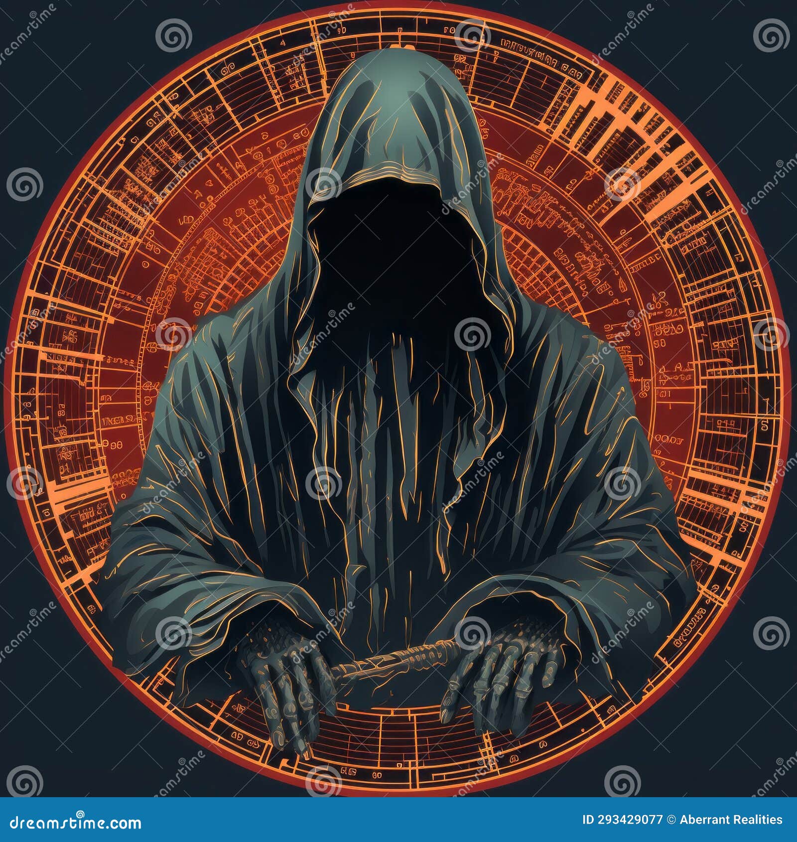 The Grim Reaper on a Black Background with an Orange Circle Stock Illustration - Illustration of ...