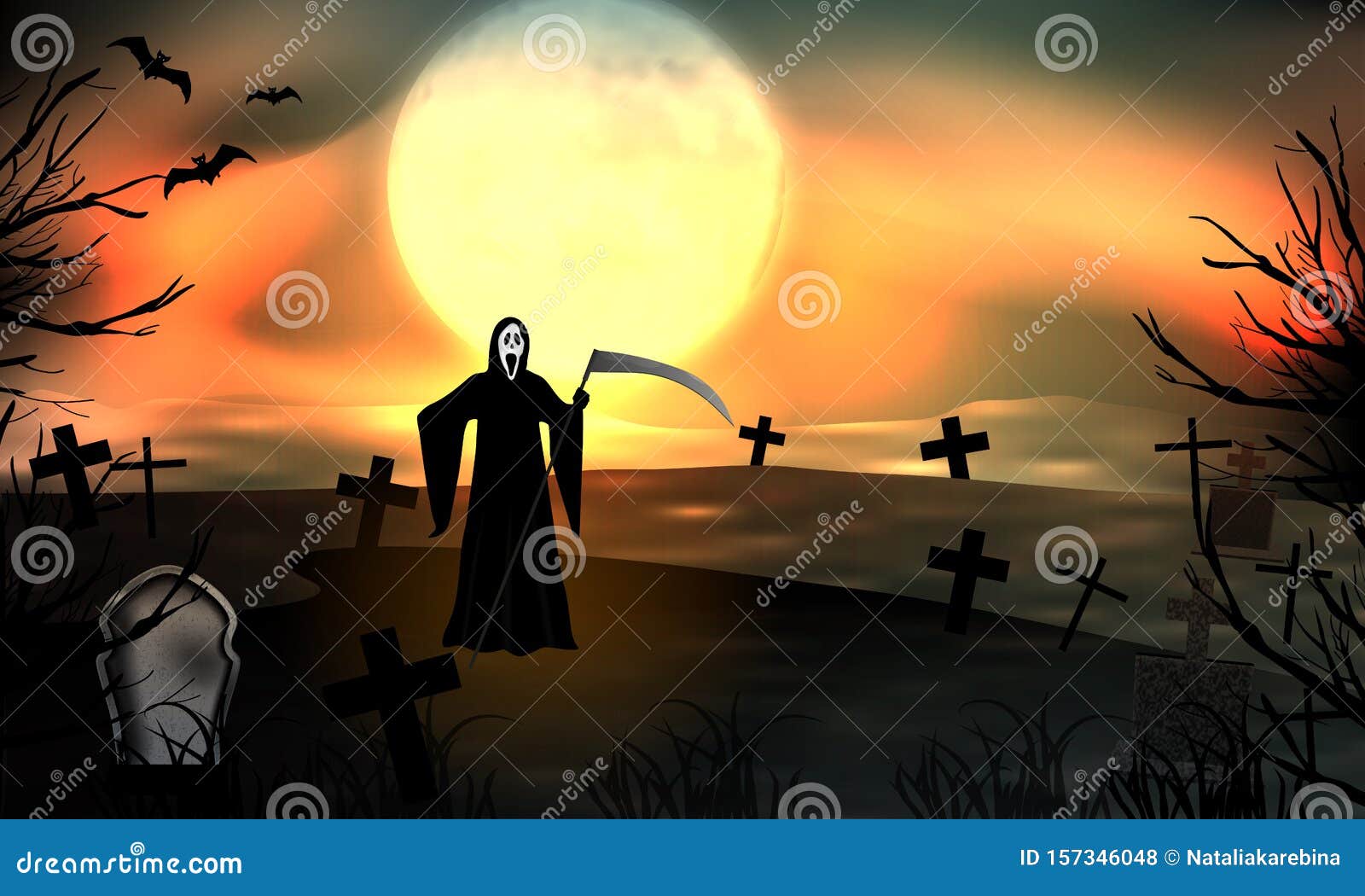 Grim Reaper In Graveyard Standing On Night Full Moon. Glow Halloween ...