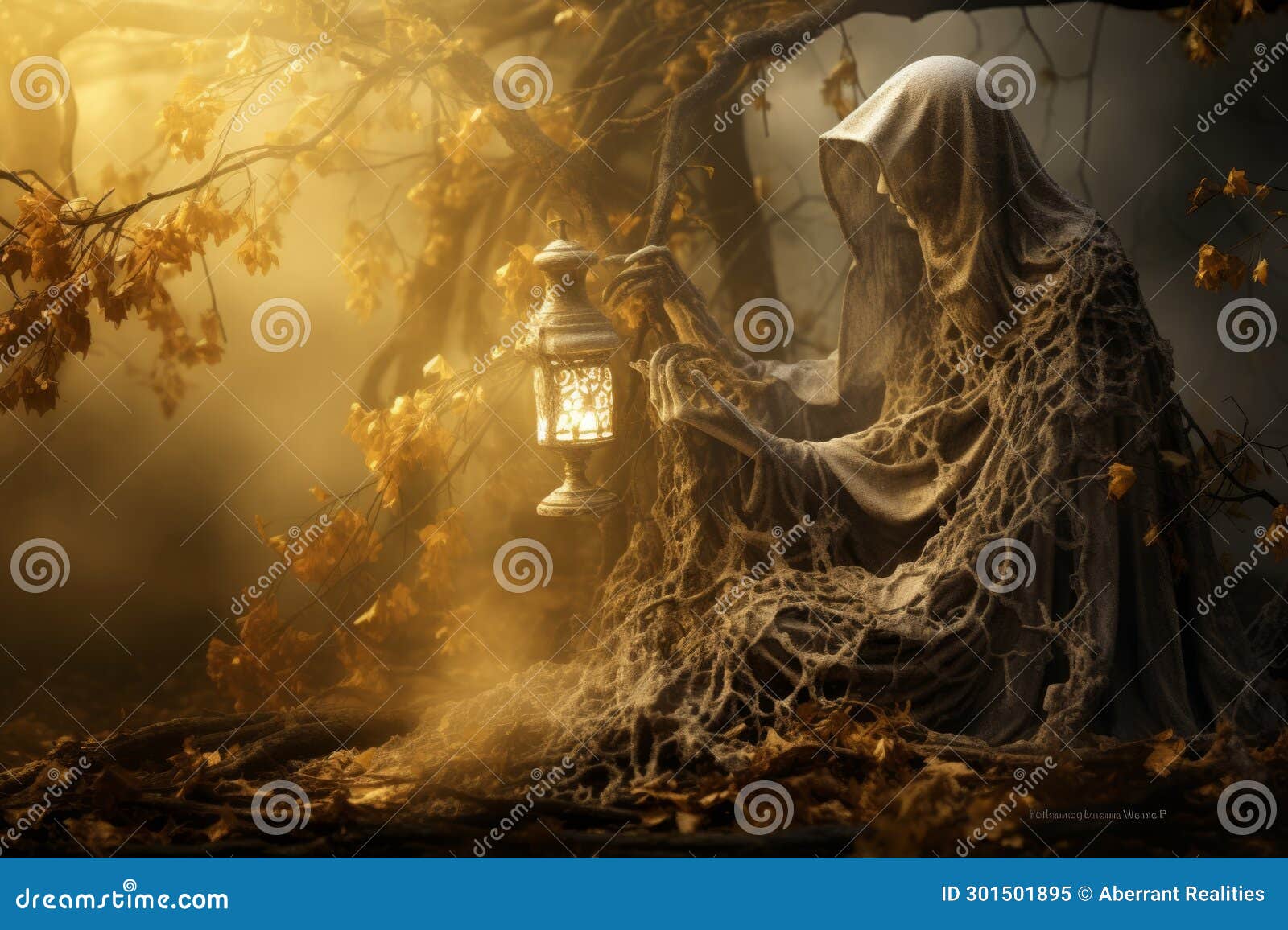 The Grim Reaper Holding a Lantern in the Woods Stock Illustration ...
