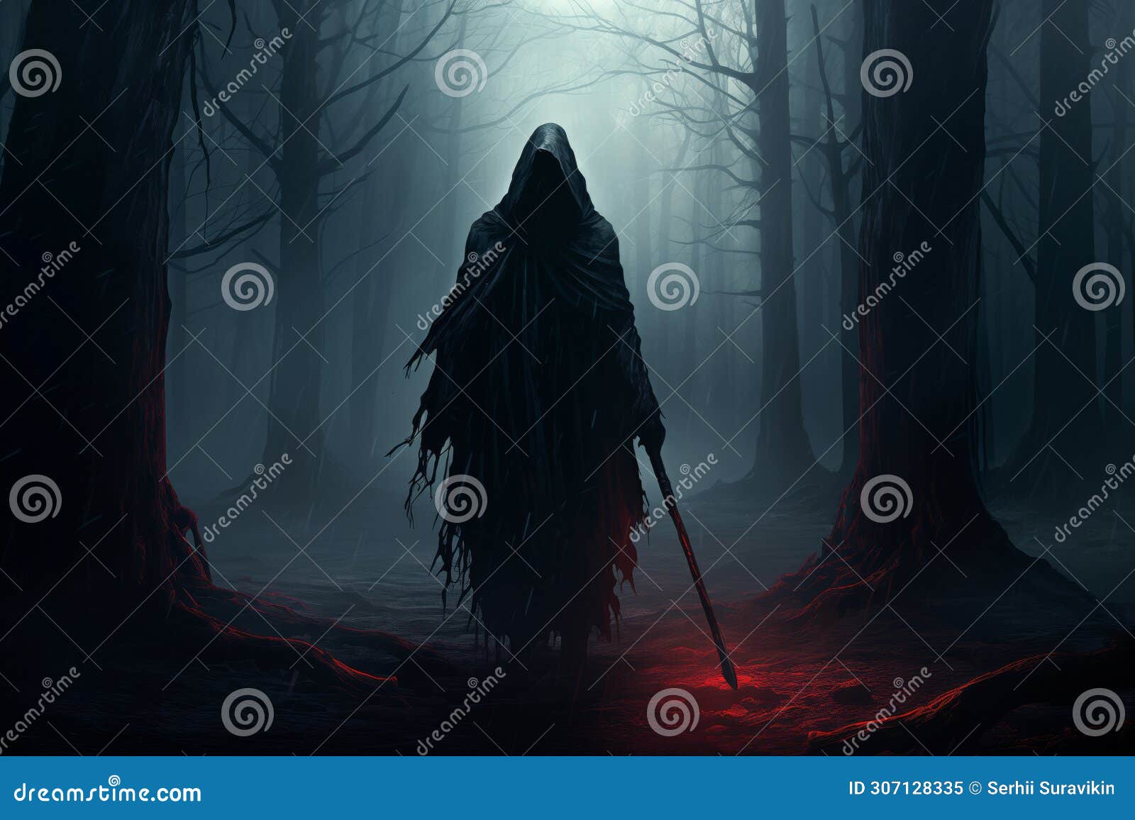 The Grim Reaper in a Hooded Cloak in a Dark Forest Stock Image - Image ...