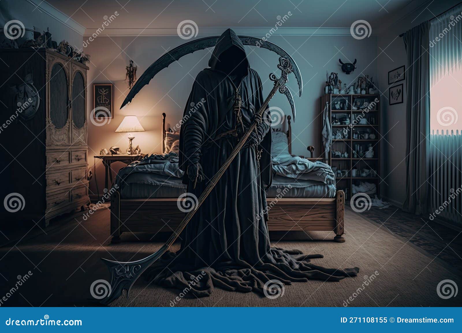 Grim Reaper Standing Front of a Bed Generative AI Illustration. Stock ...
