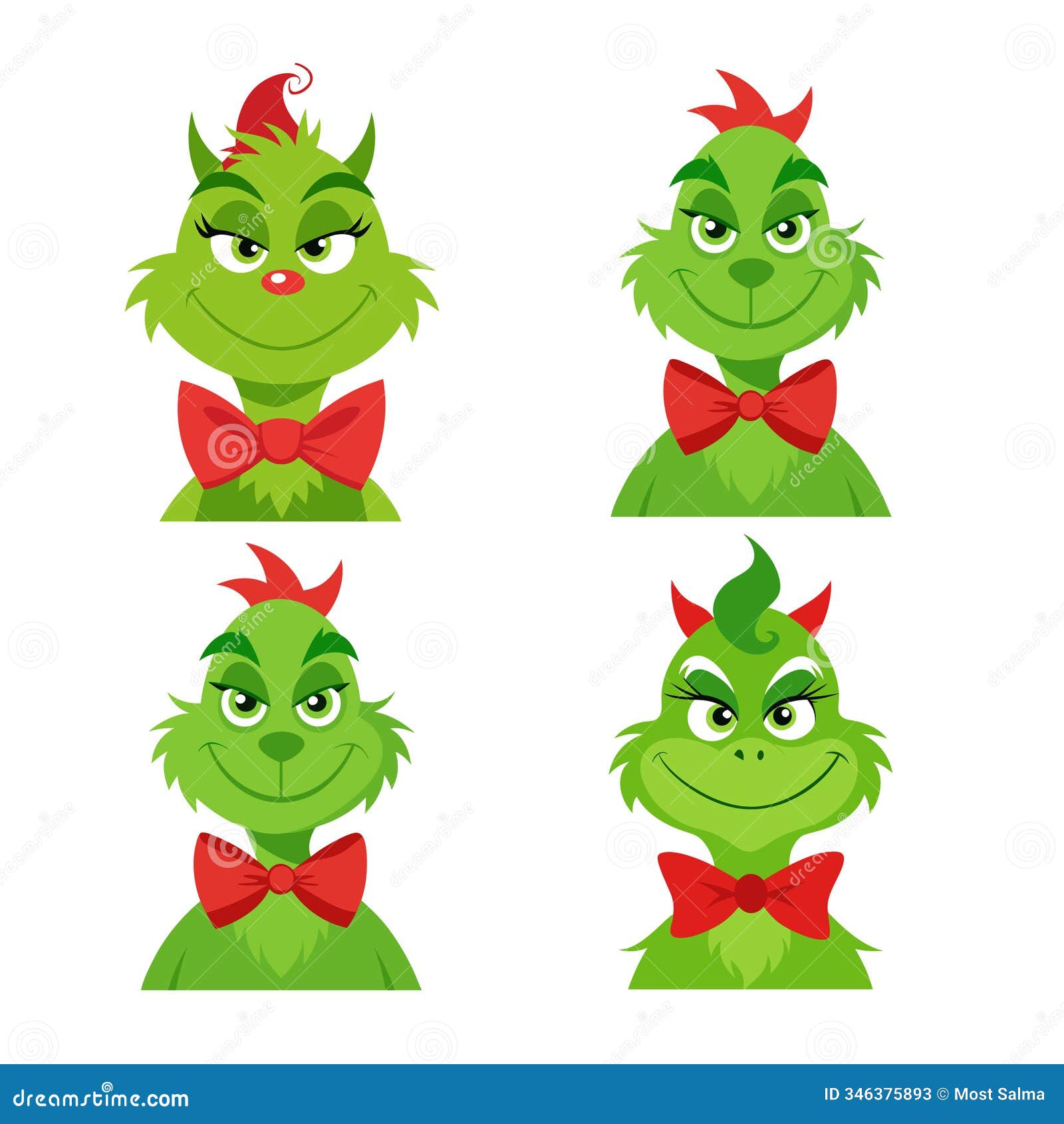 Grinch-Like Cartoon Faces with Christmas Style Stock Illustration ...
