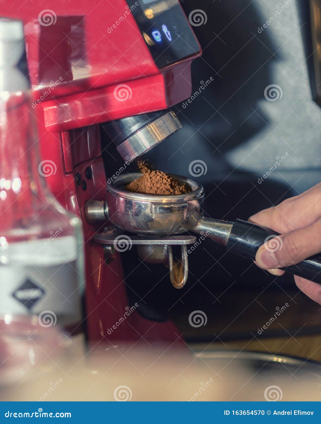 Grind Coffee Red Machine Close-up Barista Hand Work Stock Photo - Image ...