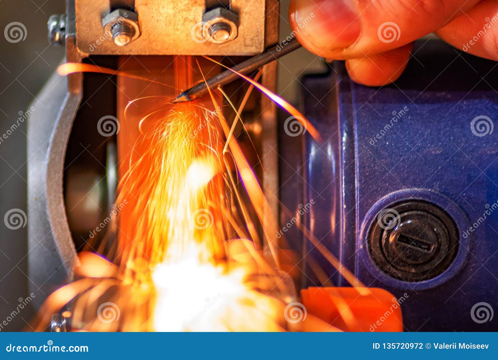 Grinding Machine on Work and Spark with Hand Stock Photo - Image of ...