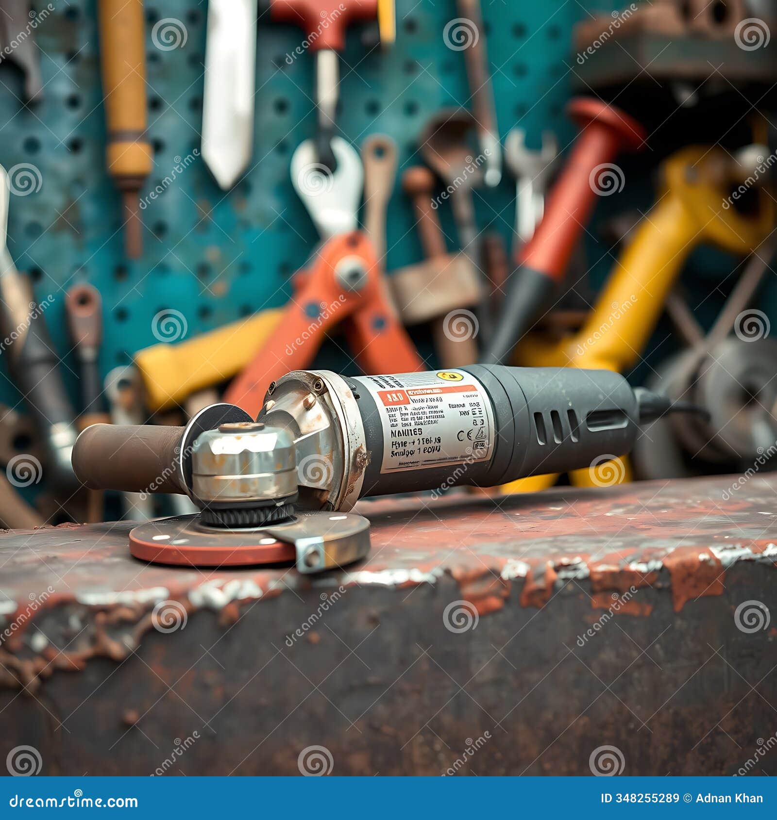 Grinding Tool Resting on a Rugged Metal Surface with a Vibrant Backdrop ...