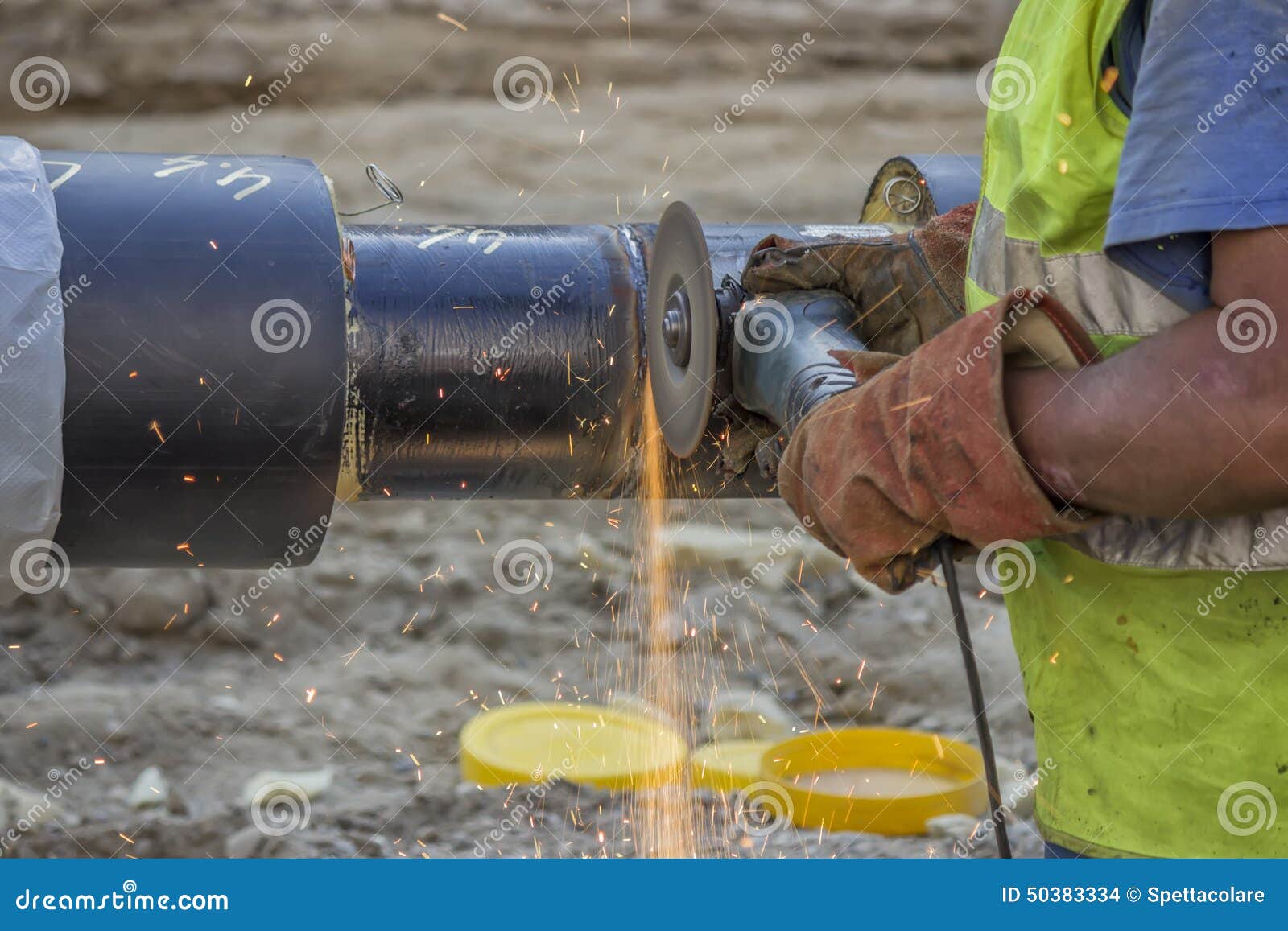 Grinding Weld on a Pipe Segments Stock Photo - Image of iron ...