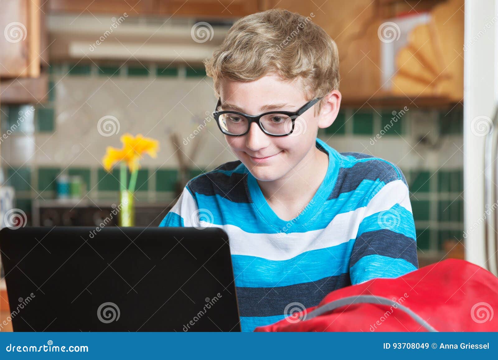 Grinning Child Using Laptop Computer Stock Image - Image of knapsack ...