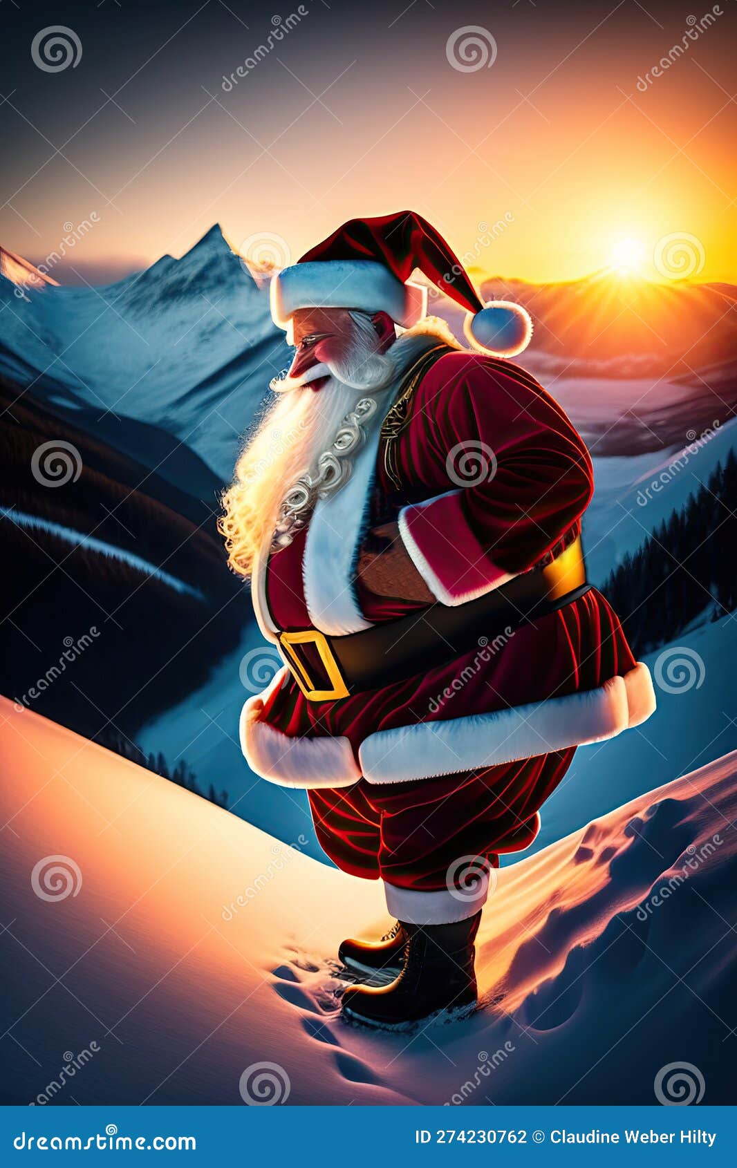 Grinning Santa on Snow Caped Mountain at Sunset Stock Illustration ...