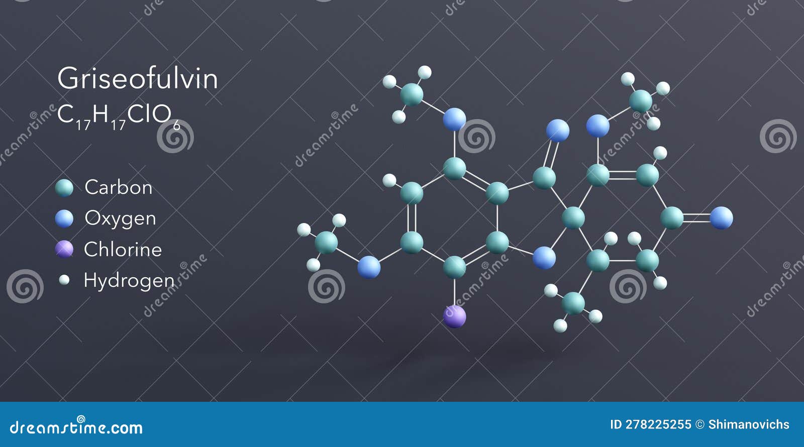 Griseofulvin Molecule 3d Rendering Flat Molecular Structure With