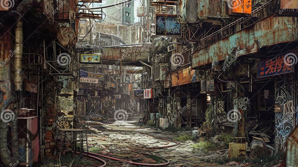 A Gritty Cityscape Featuring Decaying Architecture, Graffiti, and ...