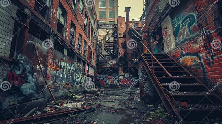 A Gritty Cityscape Featuring Decaying Architecture, Graffiti, and ...