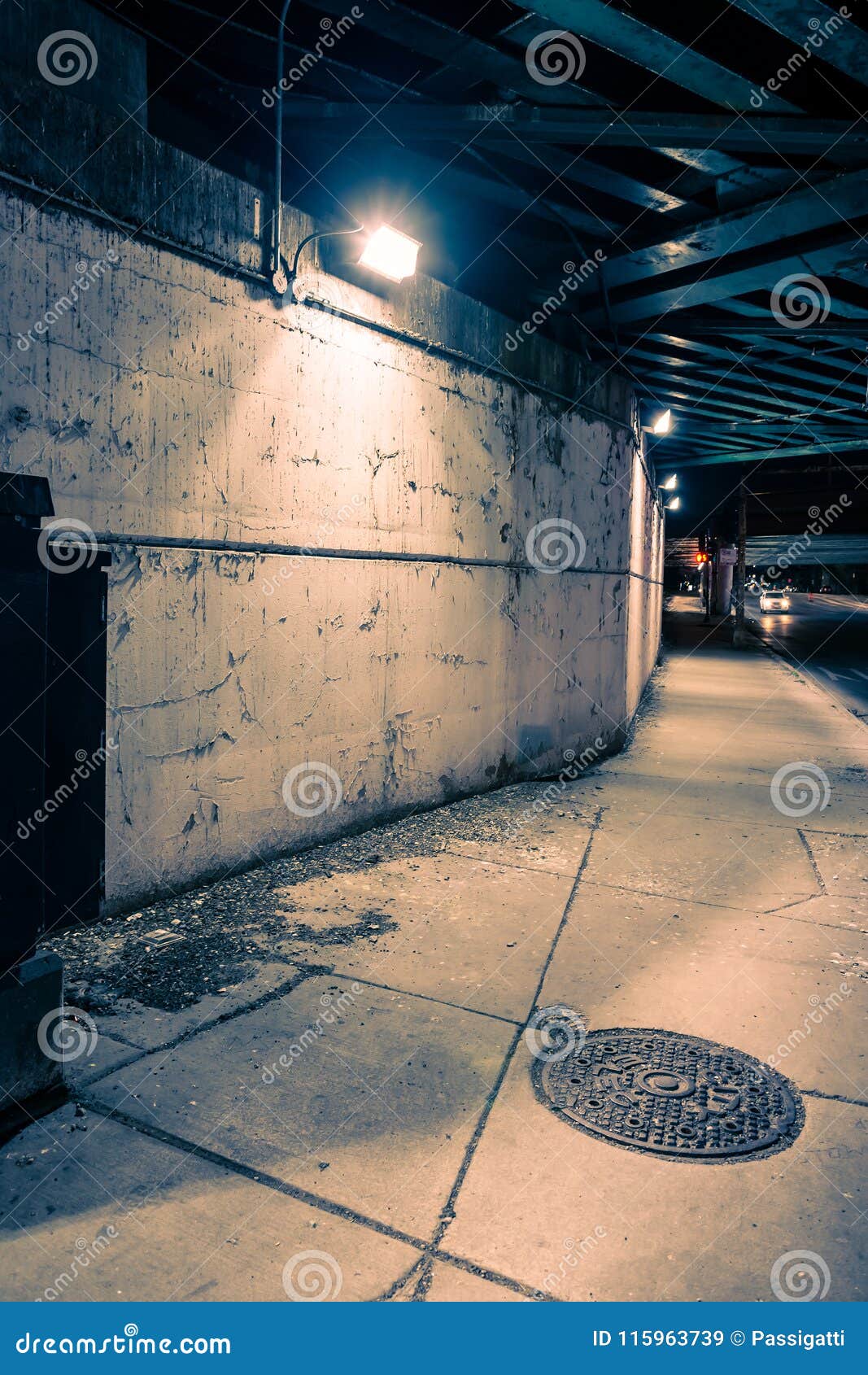 Gritty Dark City Highway Bridge Street Underpass at Night Stock Image ...