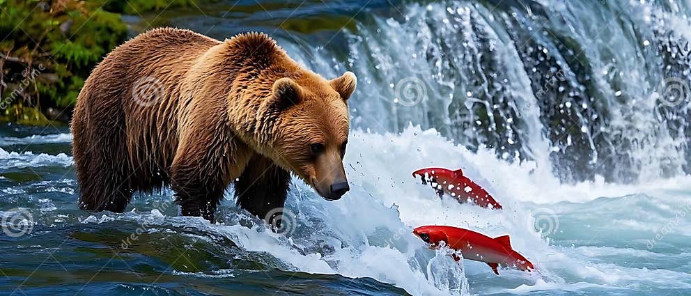 Grizzly Bear Catching Fish in the Waterfall Stock Illustration ...