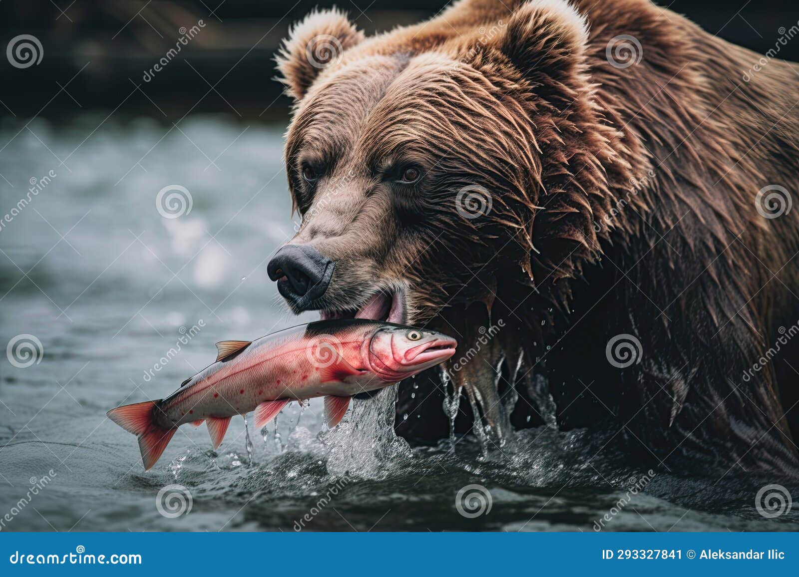 Grizzly Bear Catching Salmon and Eating the Fish. Ai Generative Stock ...