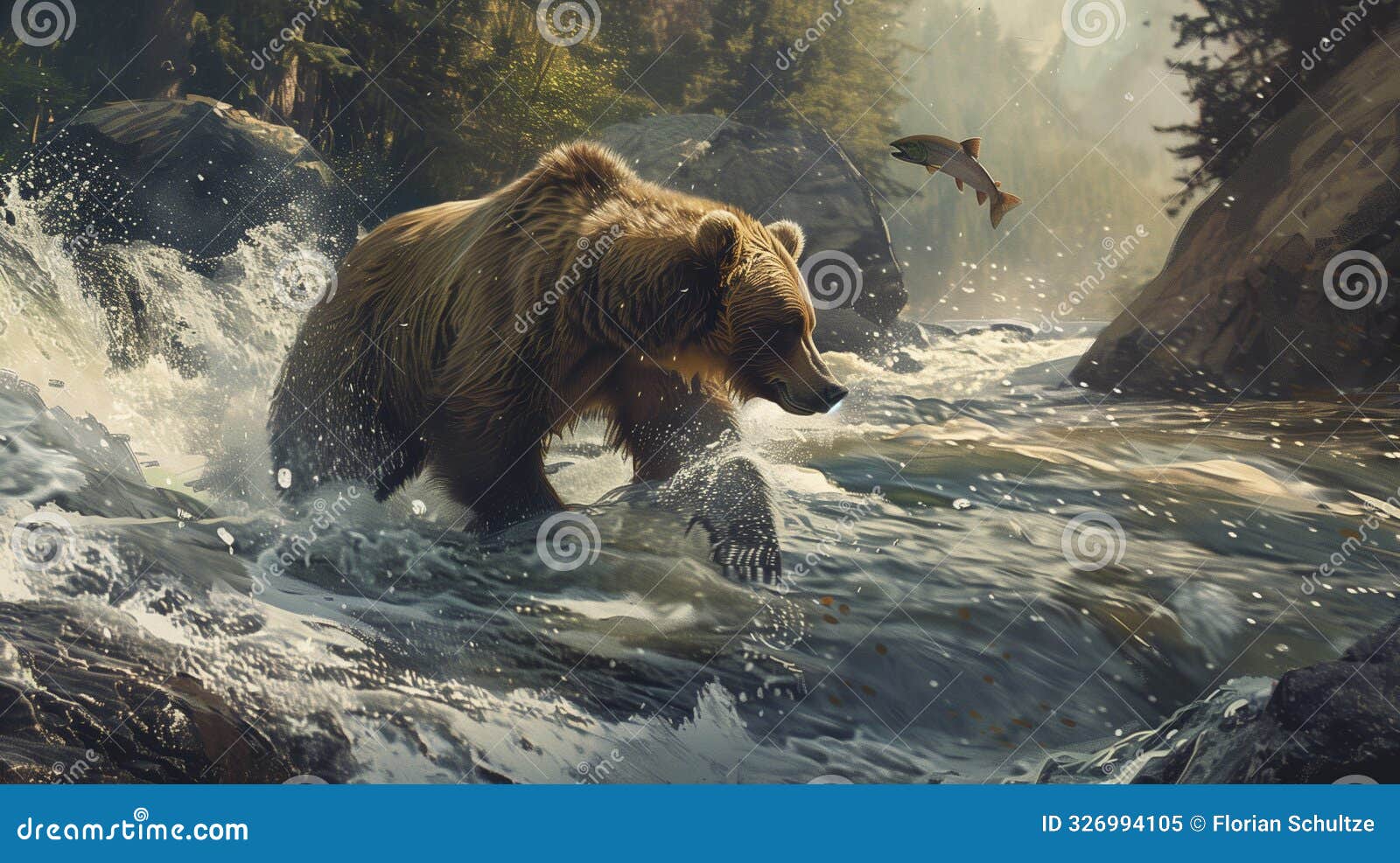 Grizzly Bear Catching Salmon in a Rushing River Stock Illustration ...