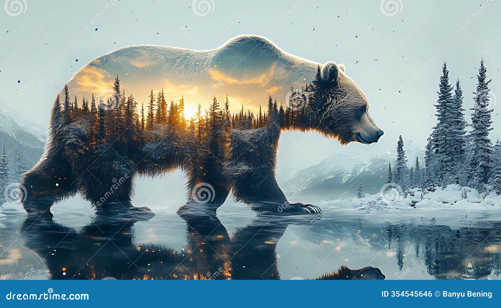 Grizzly Bear Double Exposure Image with Winter Landscape and Sunset Reflection Stock ...