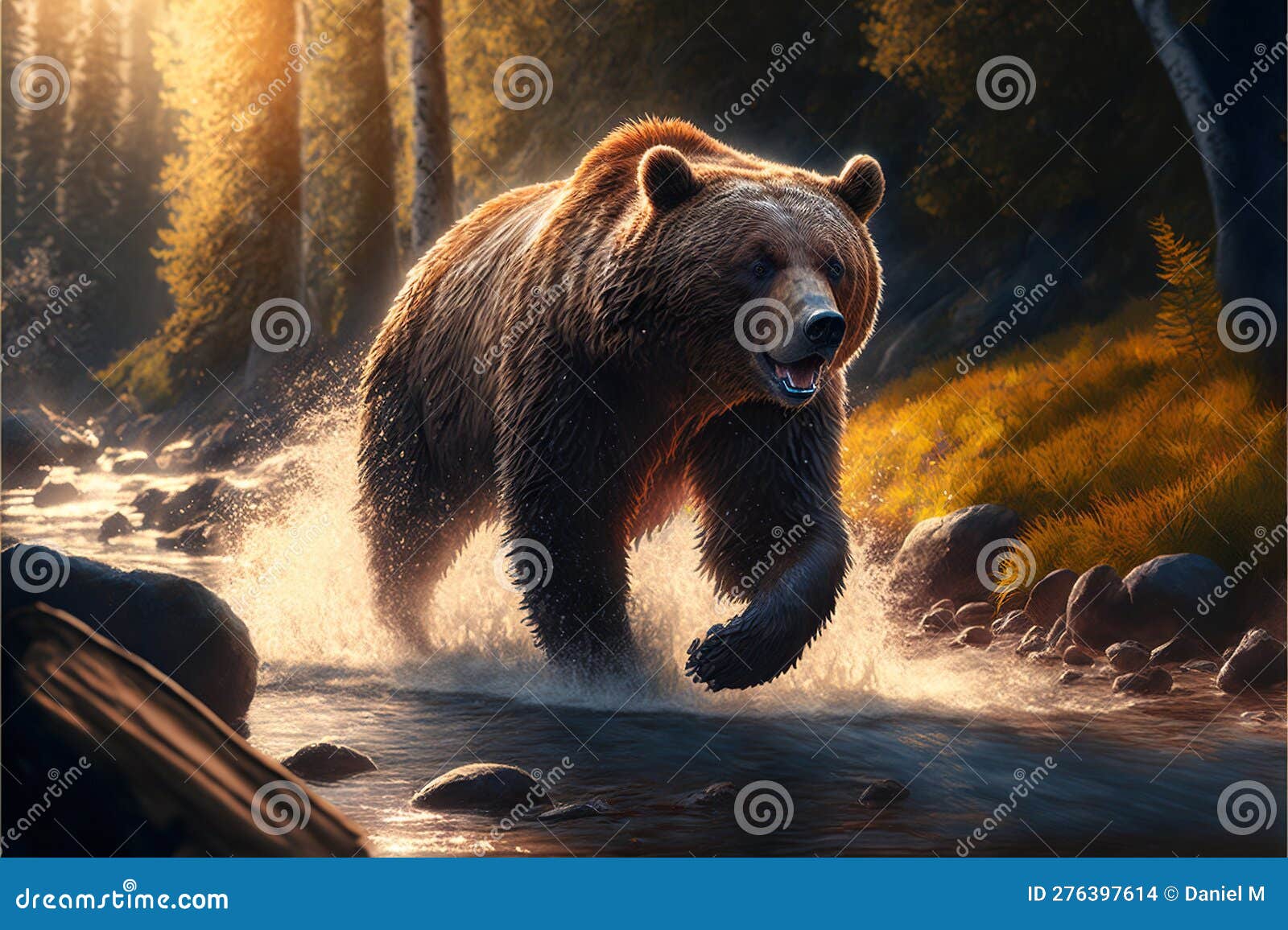Grizzly Bear in the Forest Running Down a Rive Stream at Sunset. AI ...