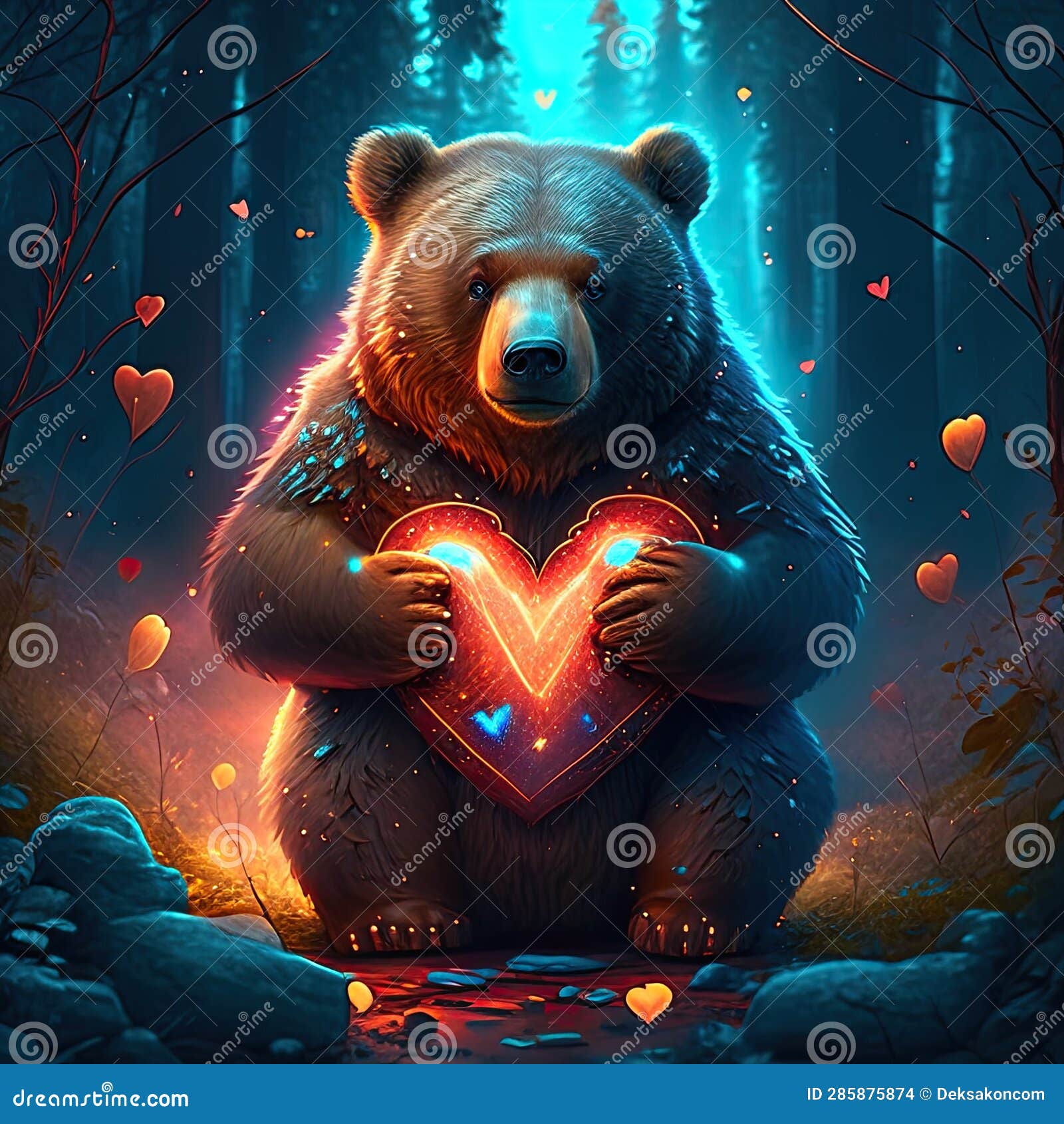 Grizzly Bear Hugging Heart Grizzly Bear With Heart In The Forest 3d Rendering Generative Ai