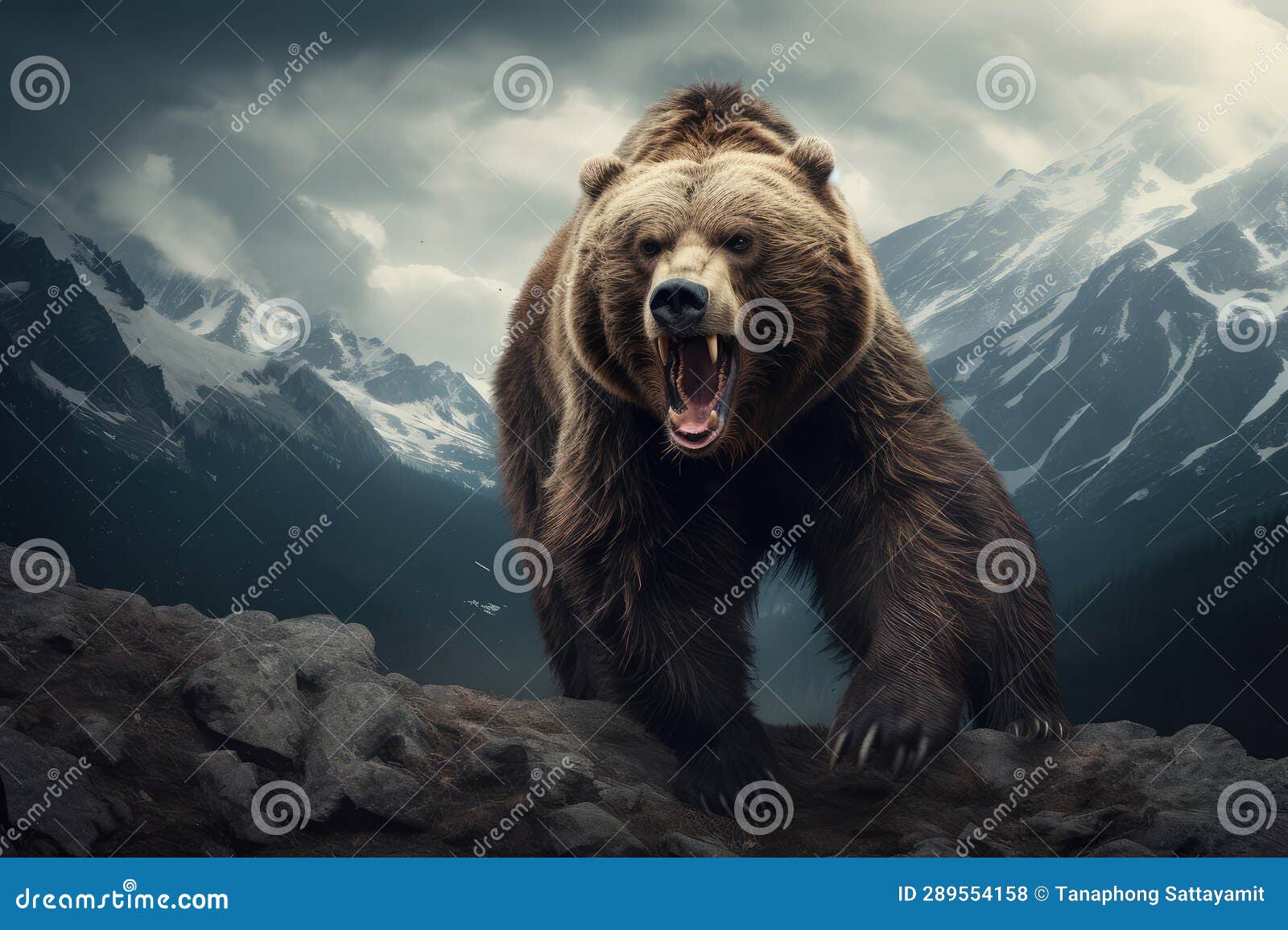 Grizzly Bear Roar and Running in the Mountains Stock Illustration ...