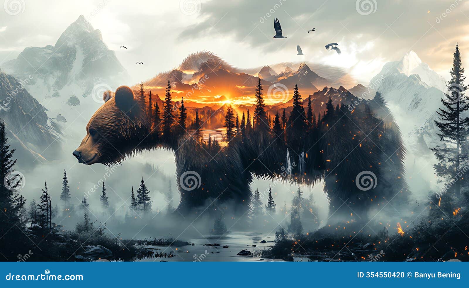 Grizzly Bear Silhouette with Mountain Sunset Landscape Inside Stock ...