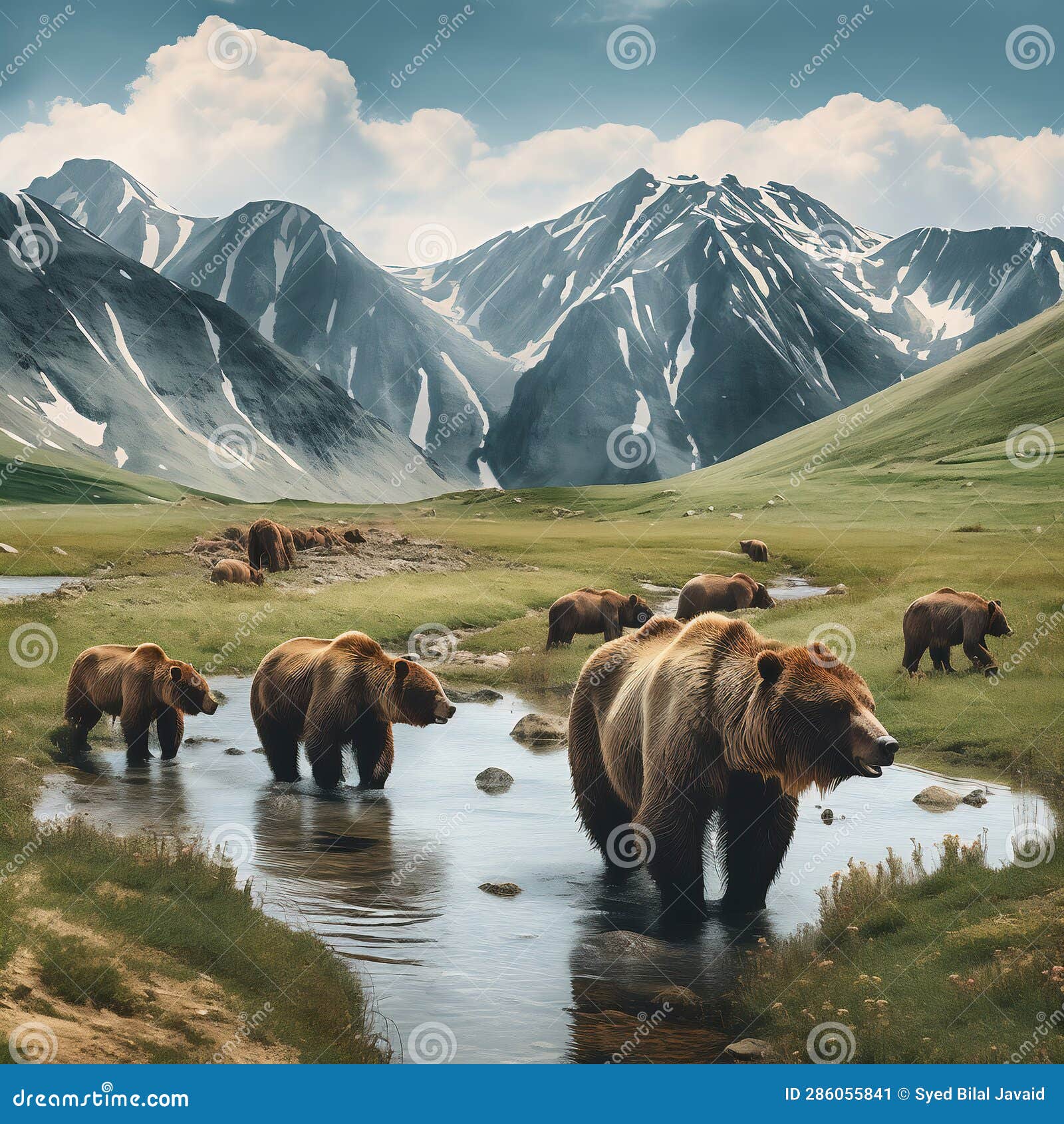 Grizzly Bears on the Background of the Mountains - Generated AI Stock ...