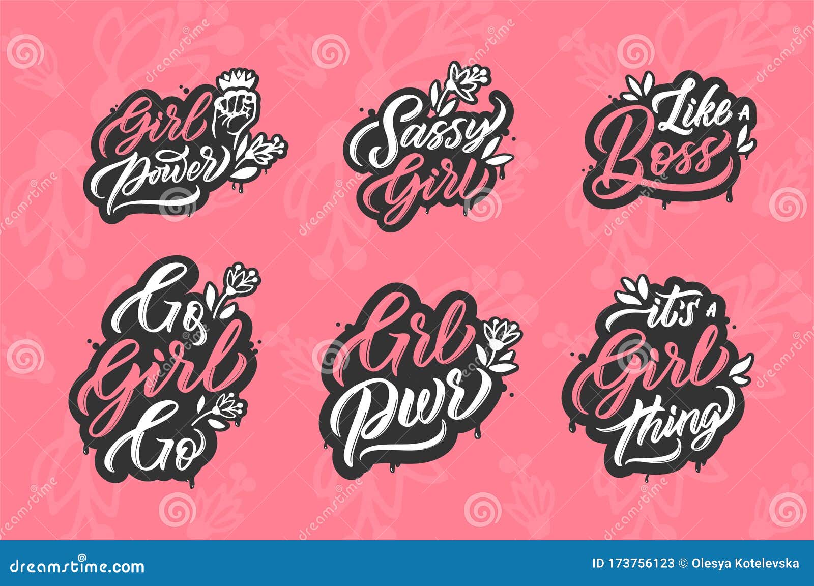 Grl Pwr Phrases Calligraphic Inscriptions Set Girl Power Handwritten