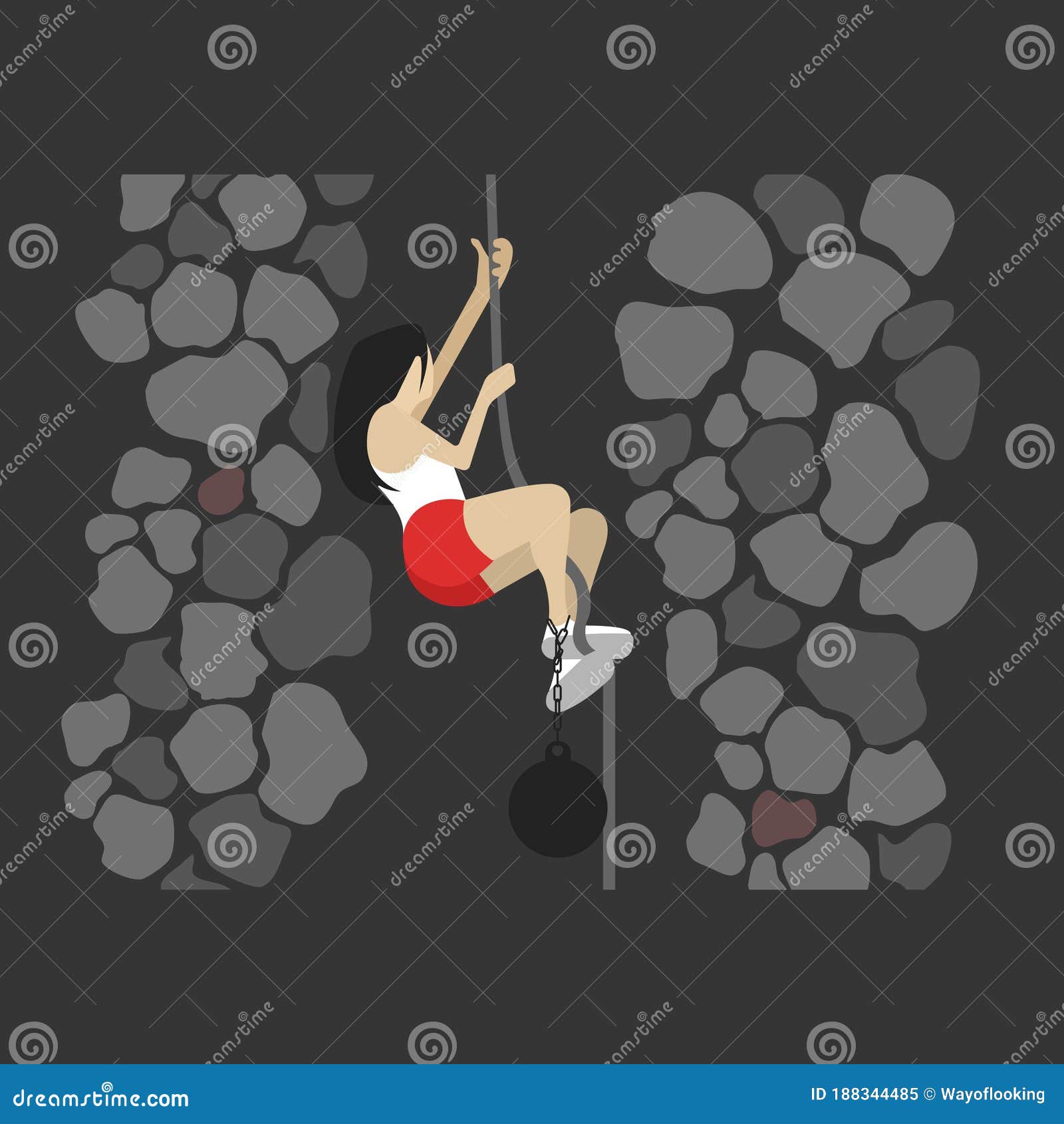 Young Woman with Prison Ball Climbing Rope in Cave. Stock Illustration ...