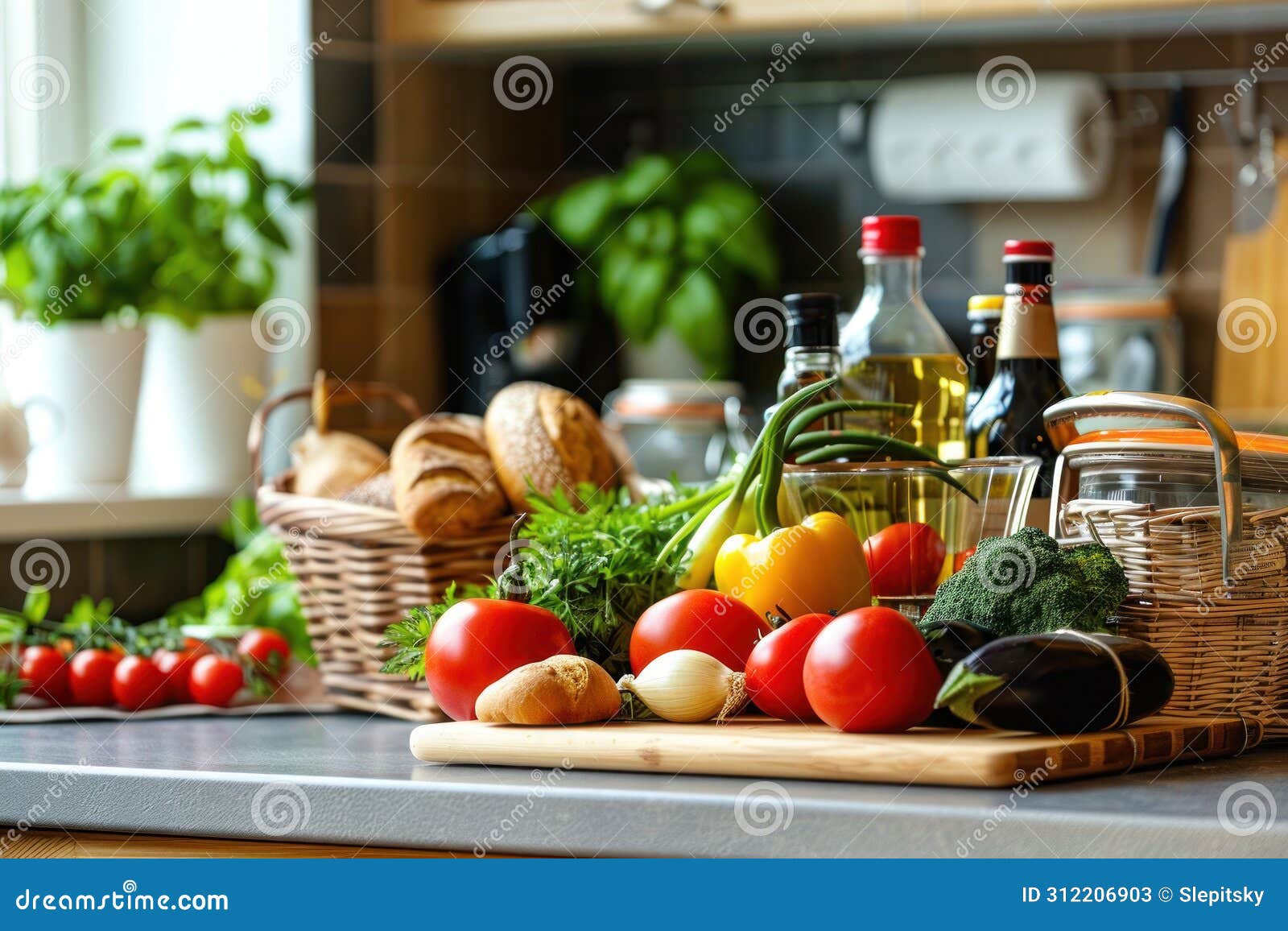 Groceries on a Kitchen Counter, Including Fresh Vegetables, Bread, and ...