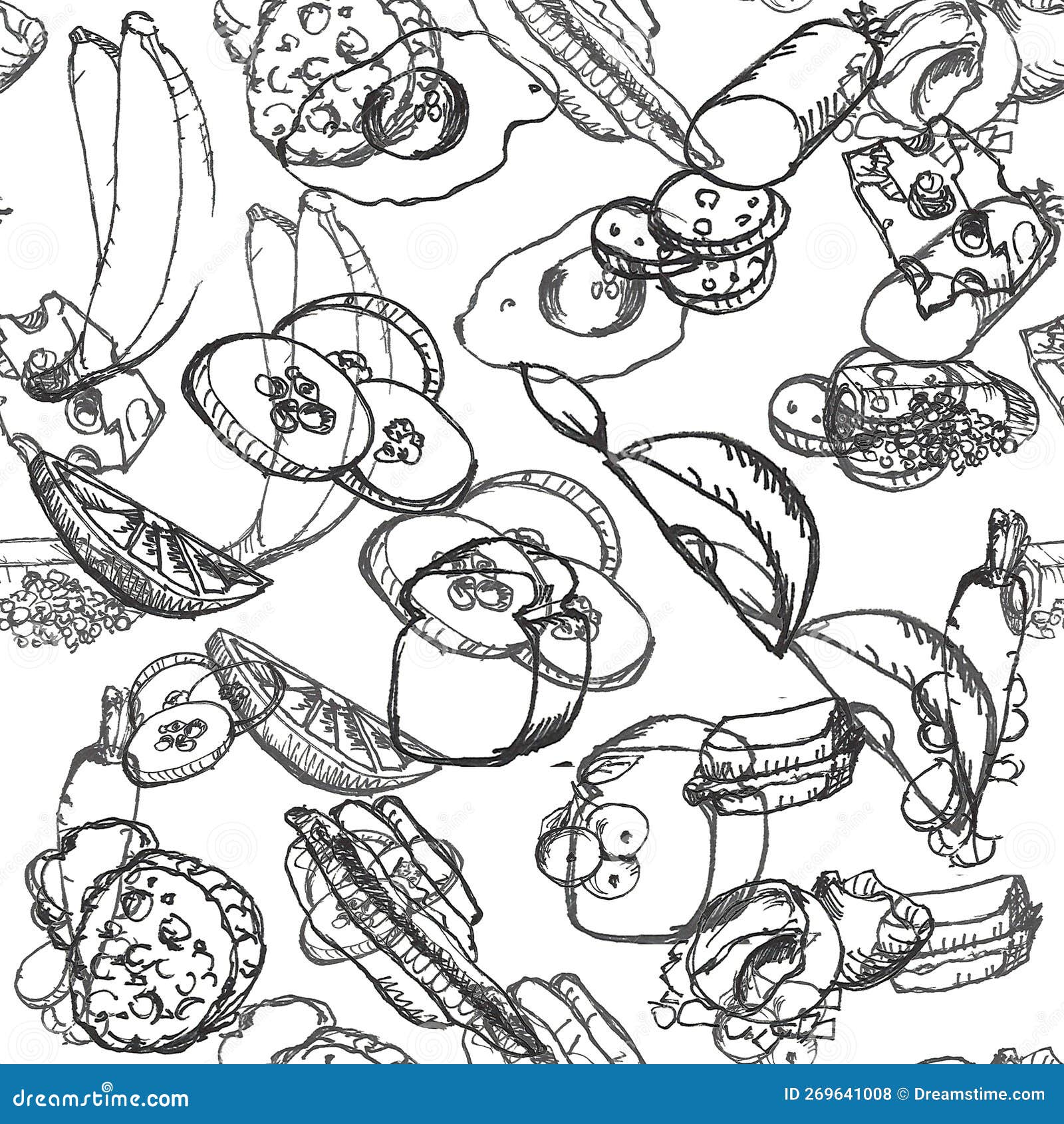 A Grocery Pattern of Various Food Items on a White Background Stock ...