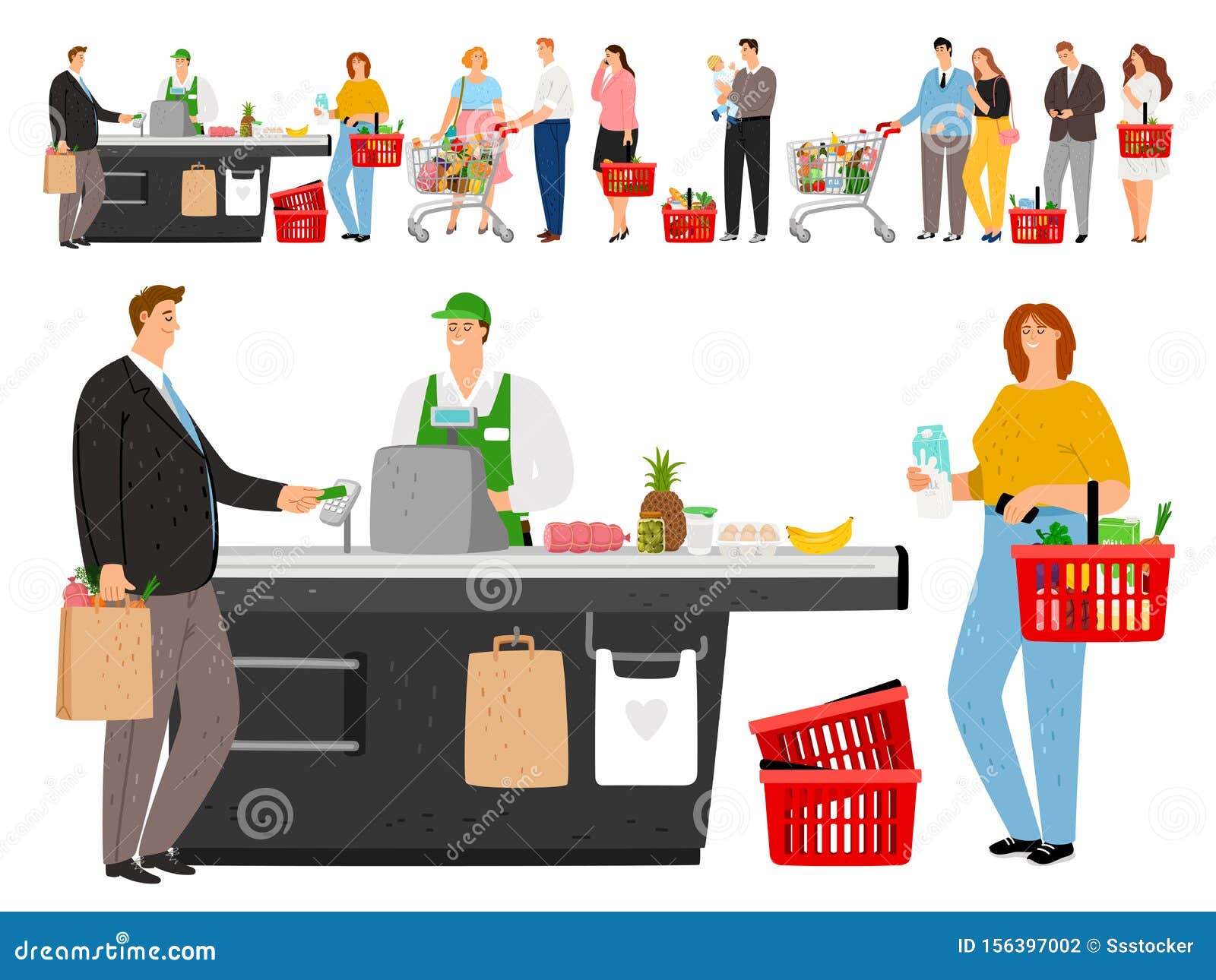 Queue In Shop. Supermarket Store With Customers In Long Line To Cashier ... Queue In Shop. Supermarket Store With Customers In Long Line To Cashier ...