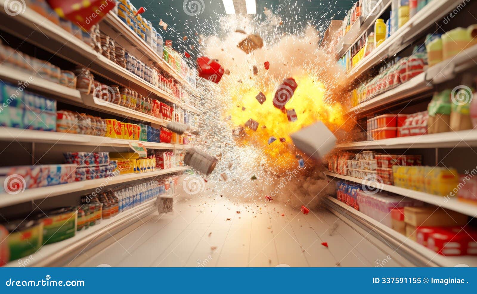 Grocery Store Explosion with Shelves and Products Flying Stock ...