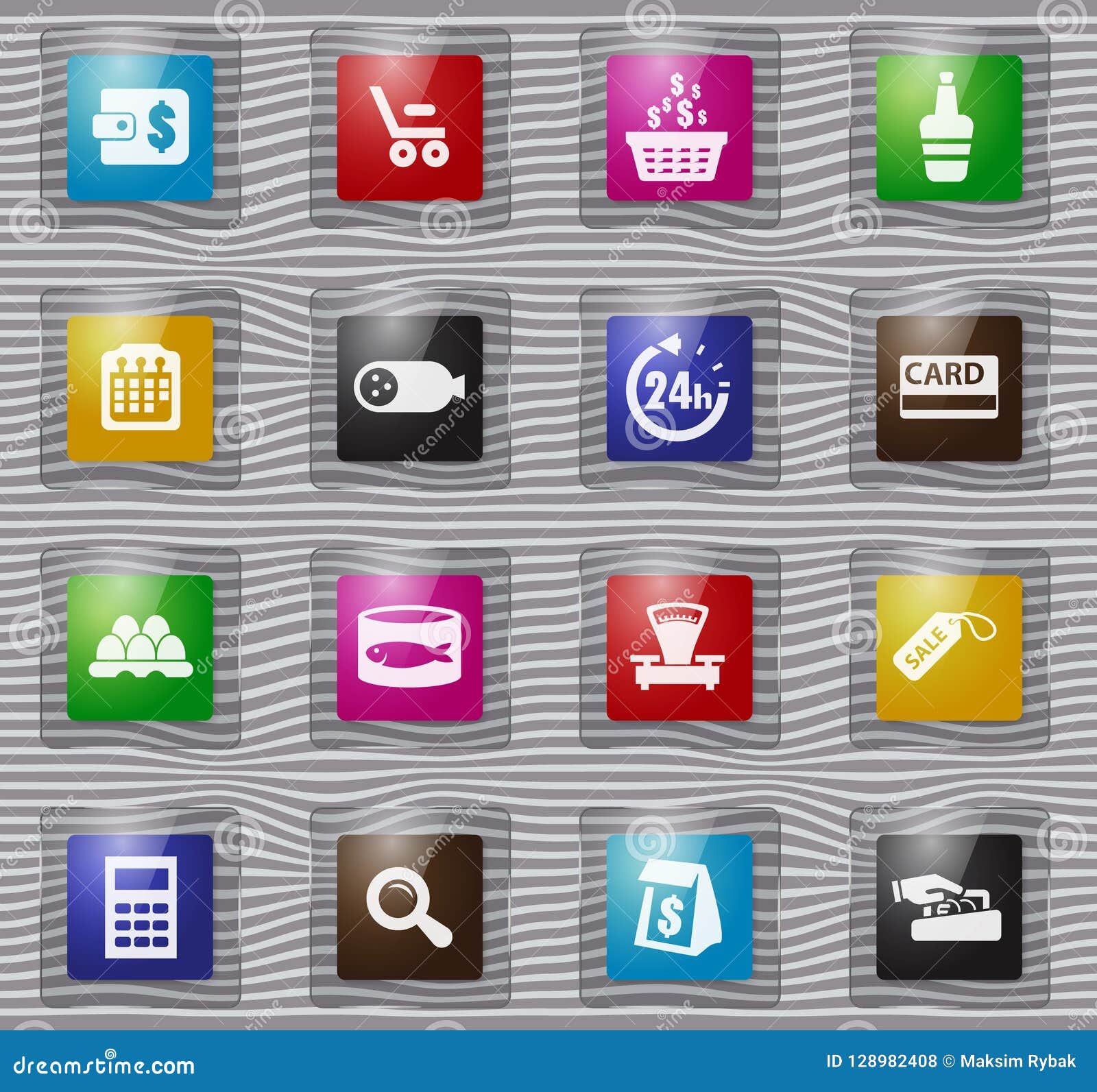 Grocery Store Glass Icons Set Stock Vector - Illustration of card, door ...
