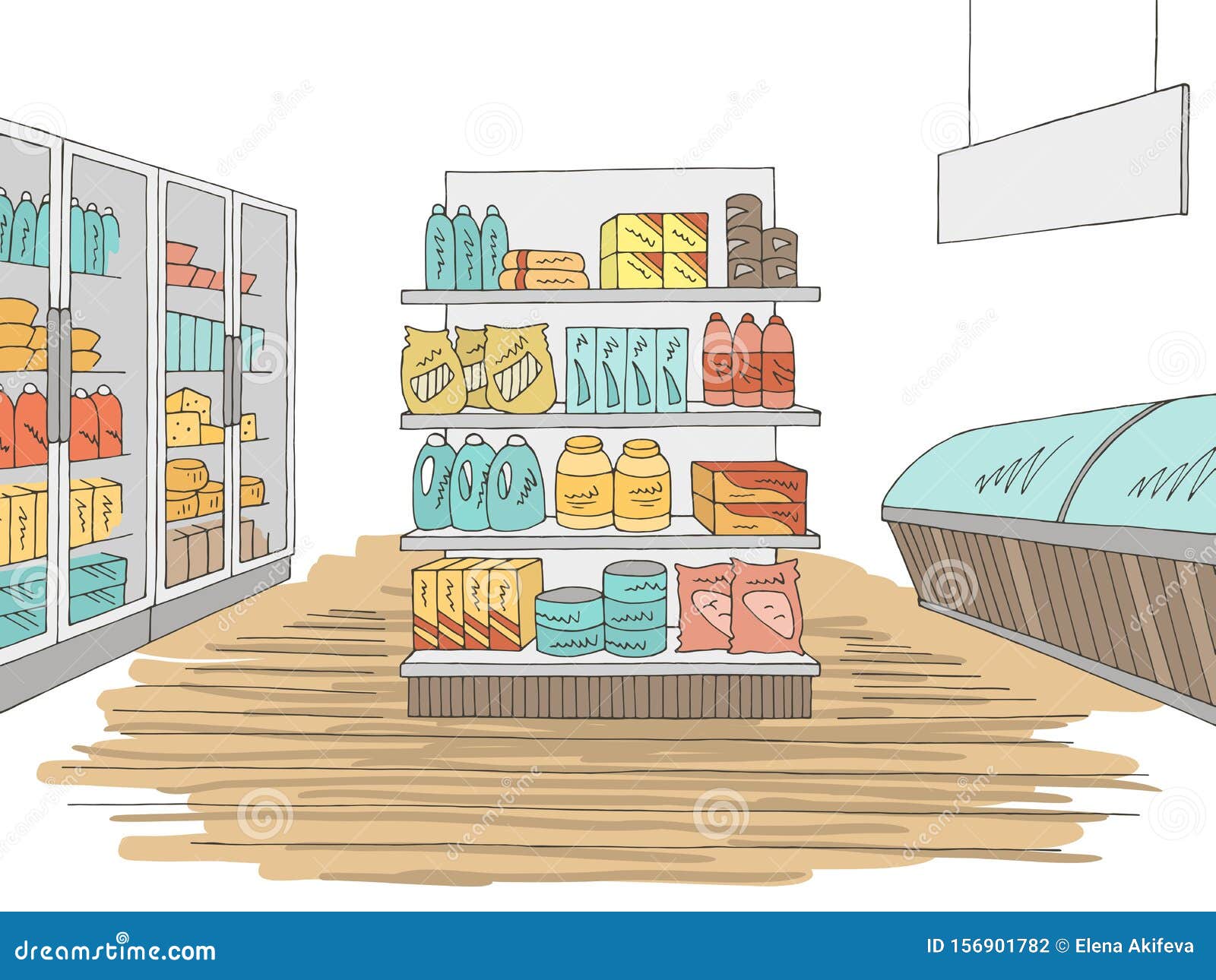 Grocery Store Shop Interior Color Graphic Sketch Illustration Vector ...