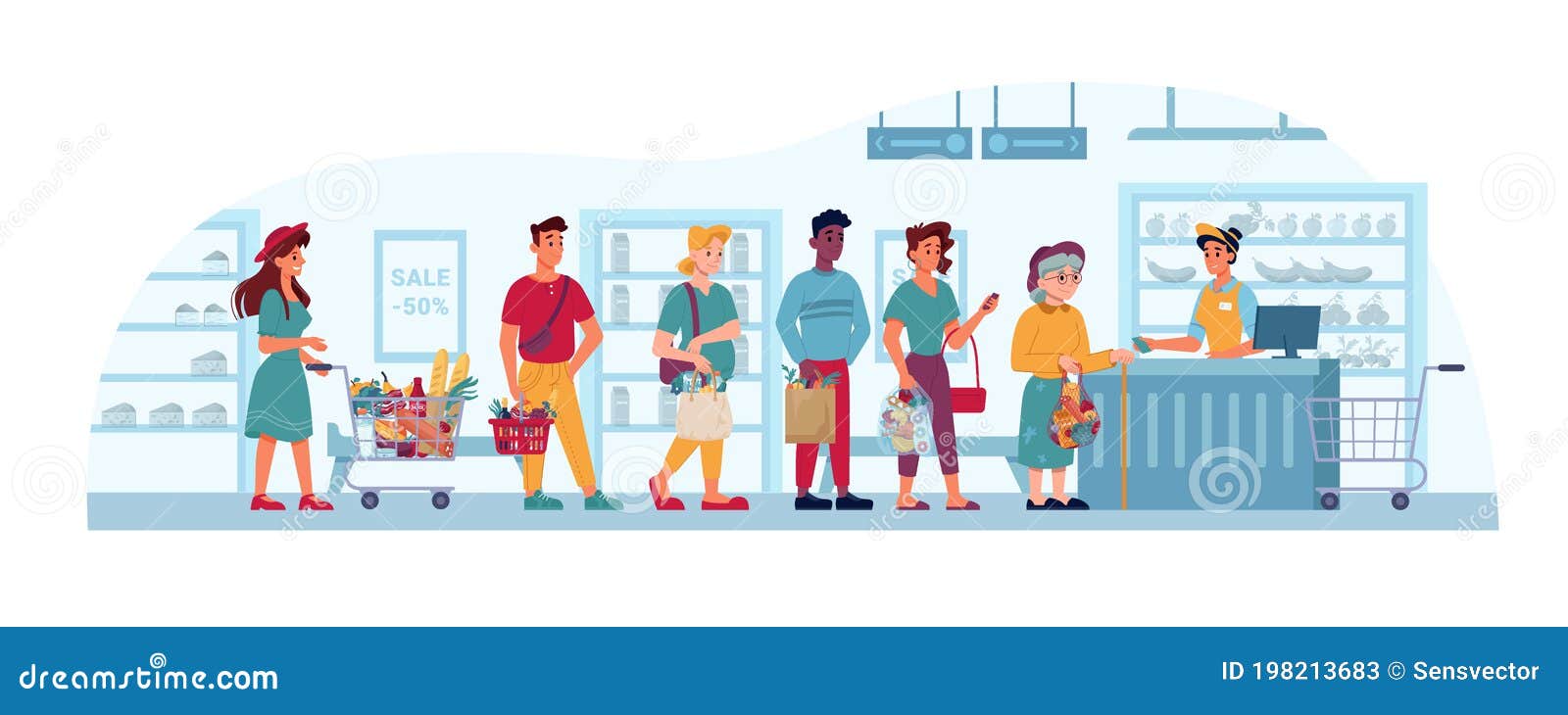 Grocery Store Queue, Supermarket People in Line Stock Vector ... Grocery Store Queue, Supermarket People in Line Stock Vector ...