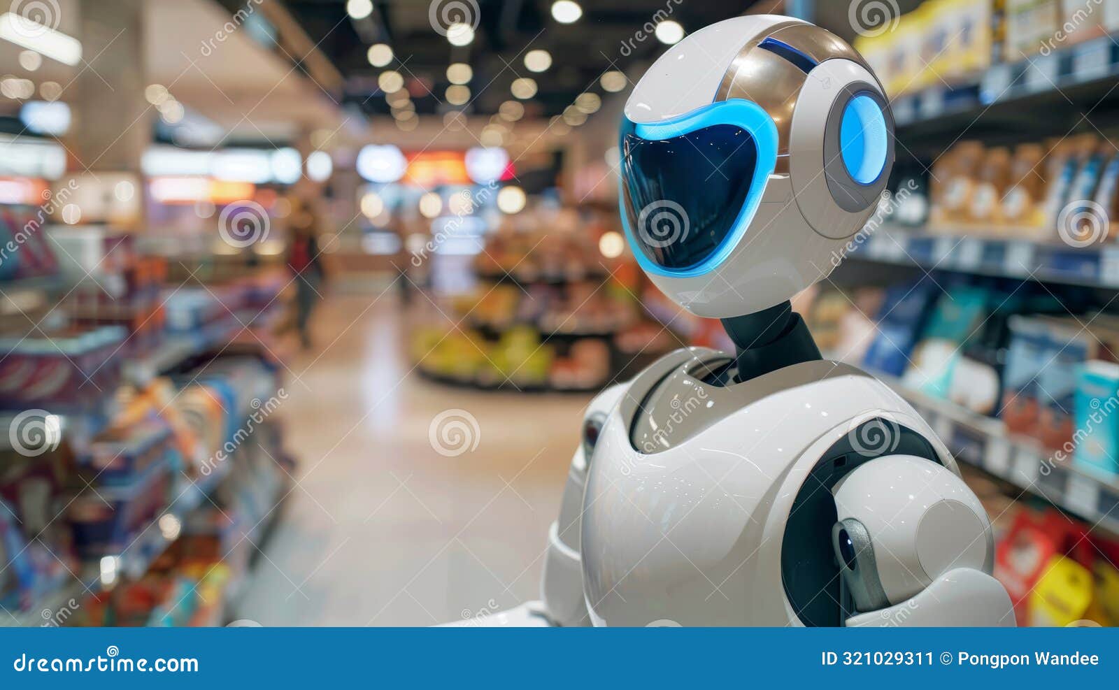 A Grocery Store Robot Standing Assisting Shoppers in a Retail Store ...