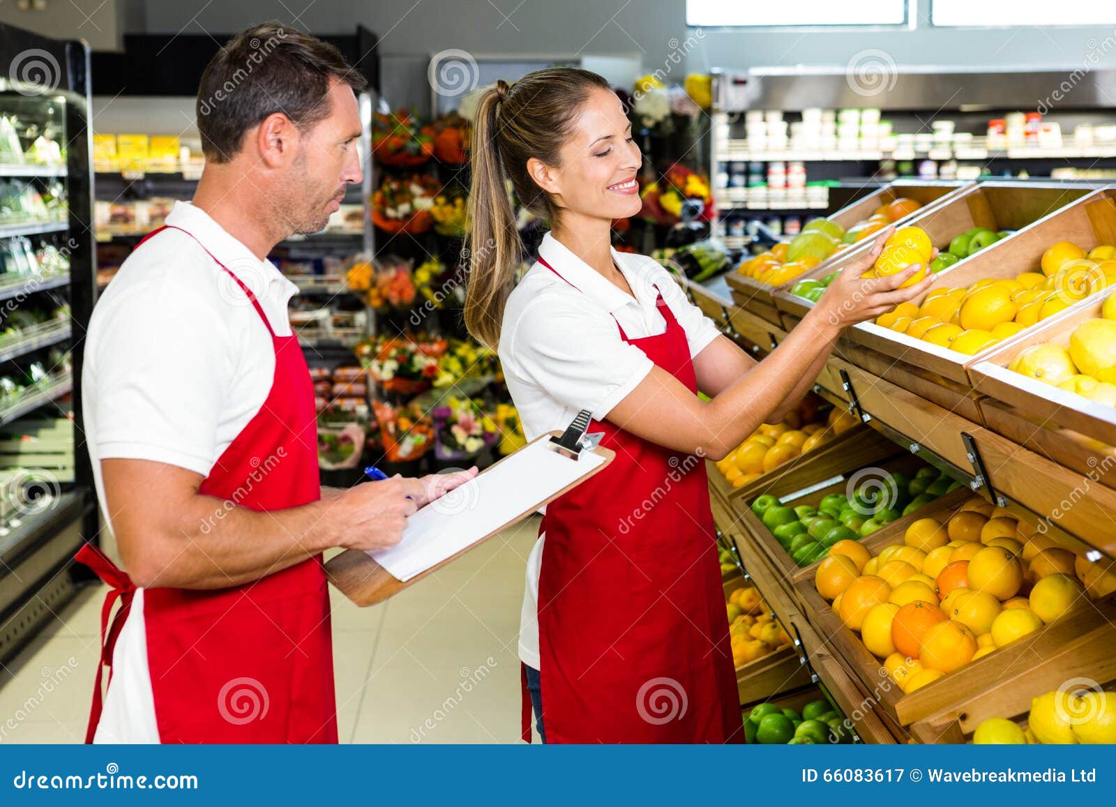 Grocery Store Staff with Clipboard Stock Image - Image of cheerful ...