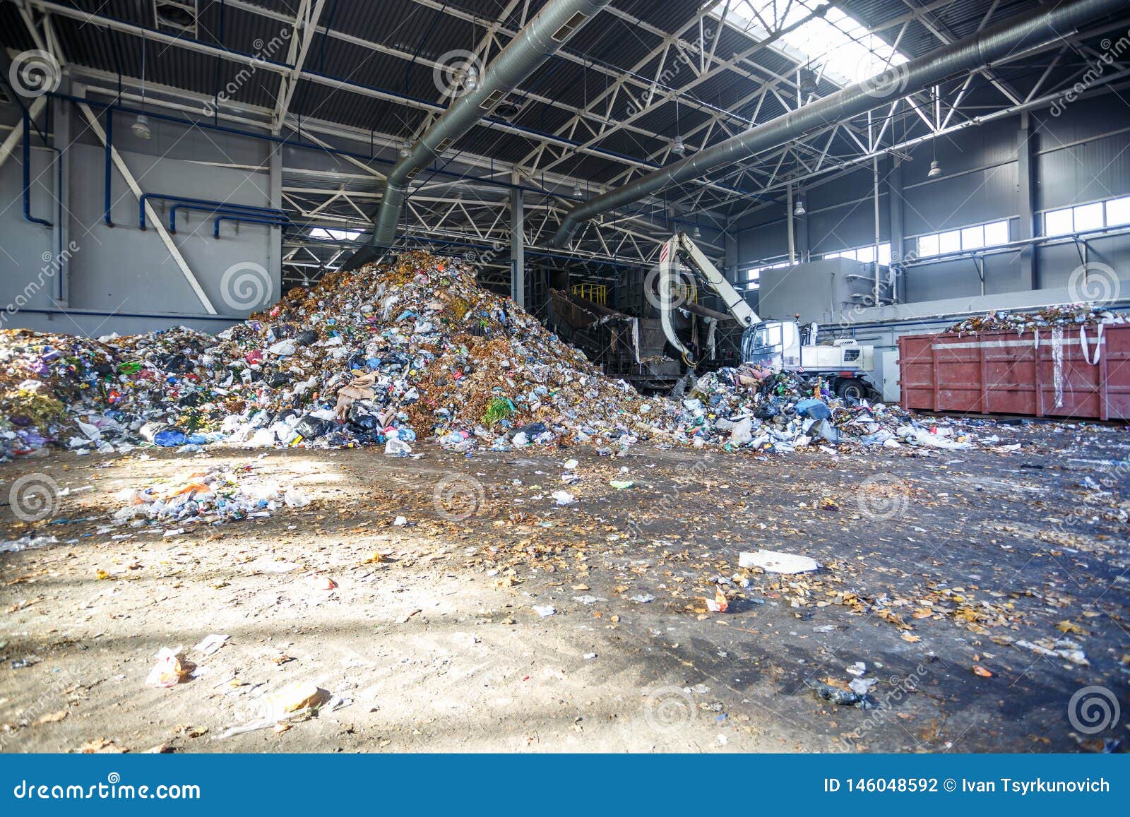 Excavator on Primary Sorting of Garbage at Waste Processing Plant ...