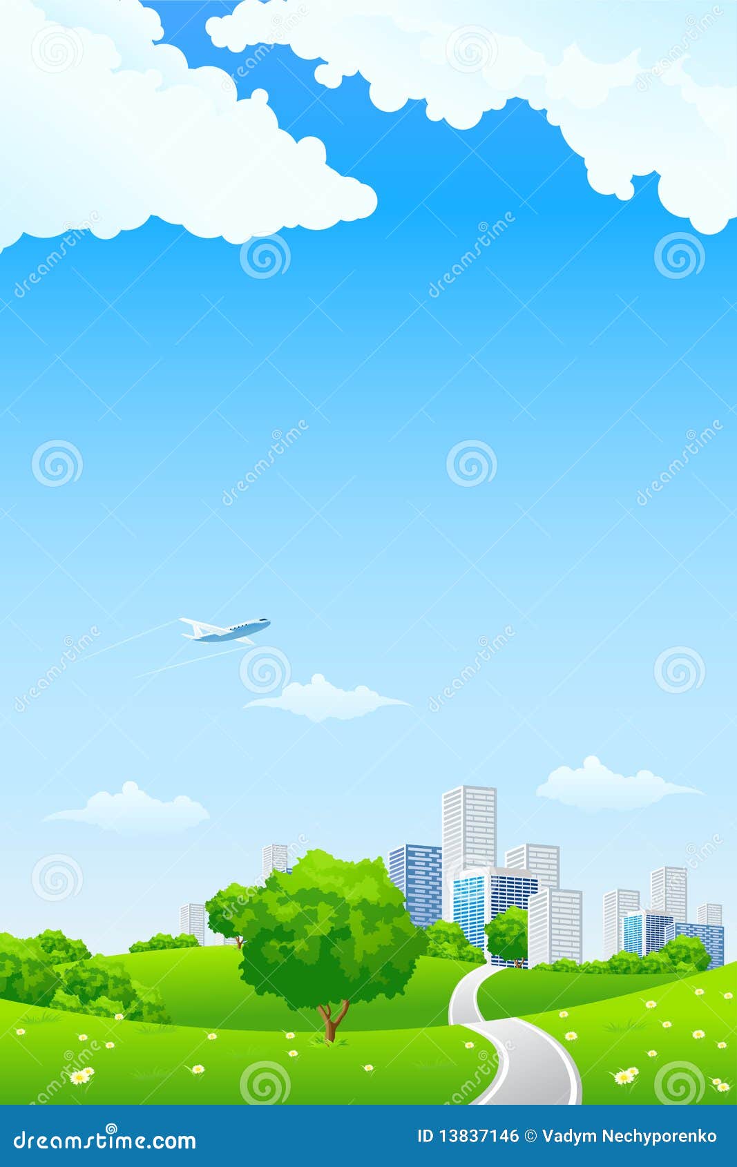 Groen landschap met stad vector illustratie. Illustration of ...