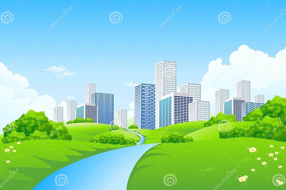 Groen landschap met stad vector illustratie. Illustration of landschap ...