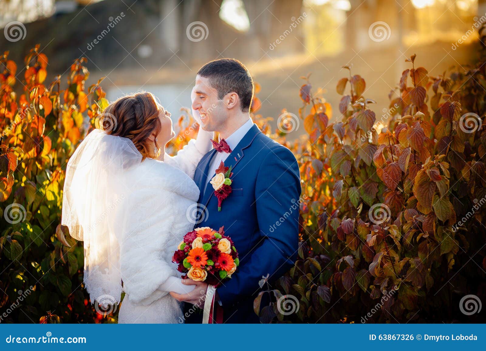 Groom and Bride Autumn Wedding Stock Photo - Image of engagement ...