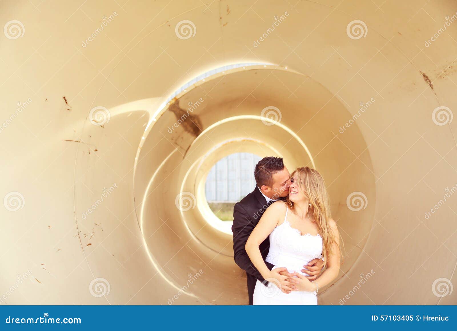 Groom and Bride Posing in a Big Pipe Stock Image - Image of face ...