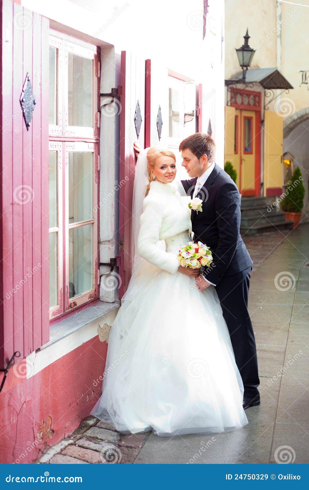 Groom and the Bride on the Street of Old Town Stock Image - Image of ...