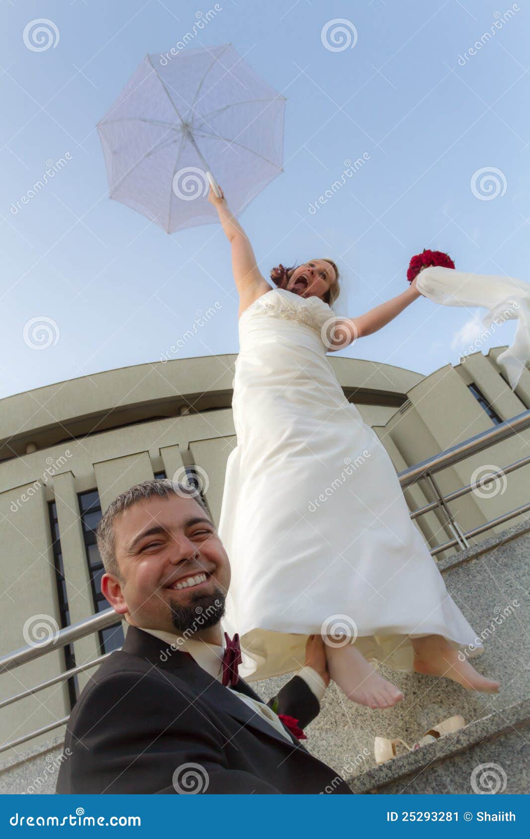 The Groom Can Not Escape the Bride with Umbrella Stock Image - Image of ...