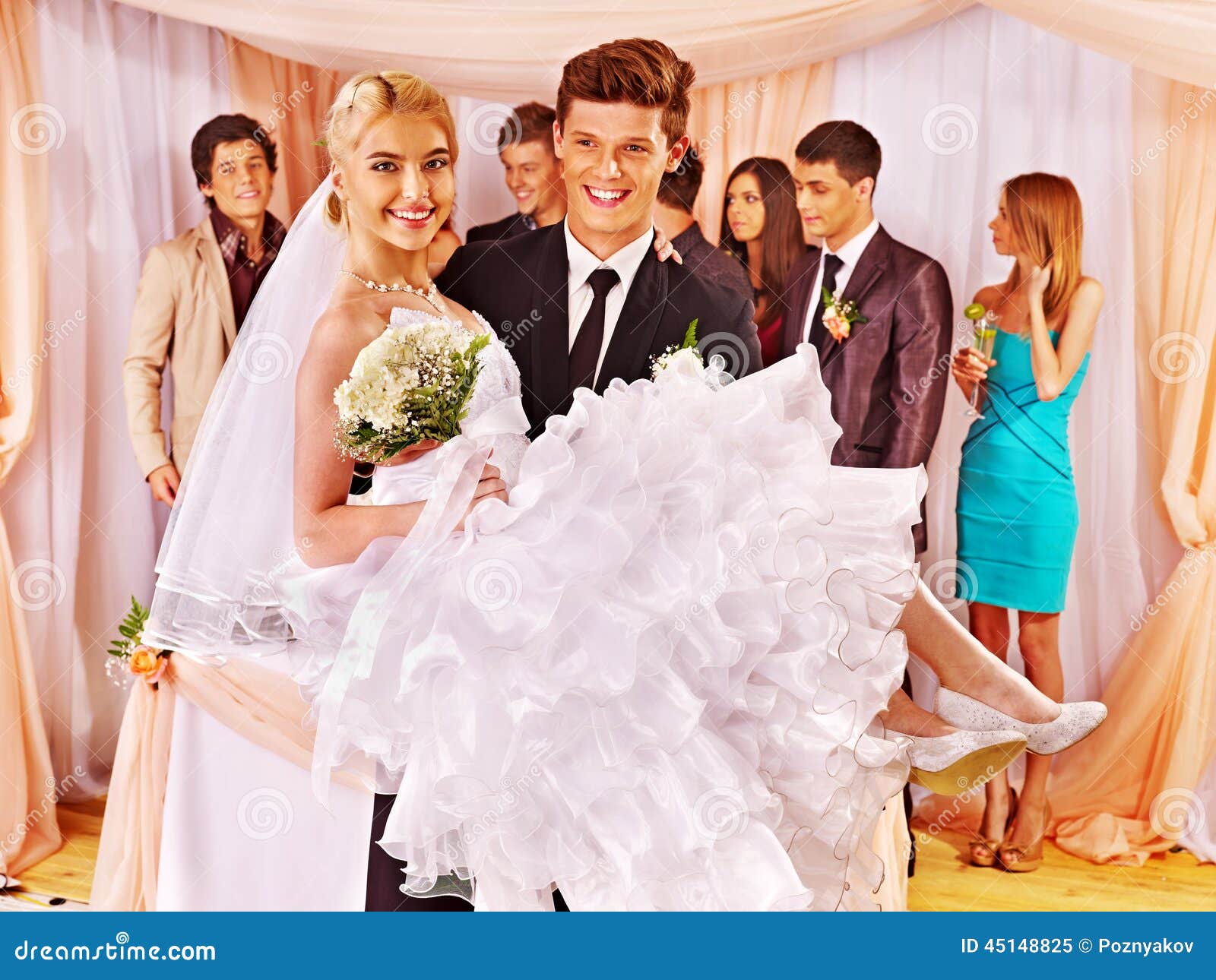 Groom Carries Bride on His Hands . Stock Image - Image of romance ...