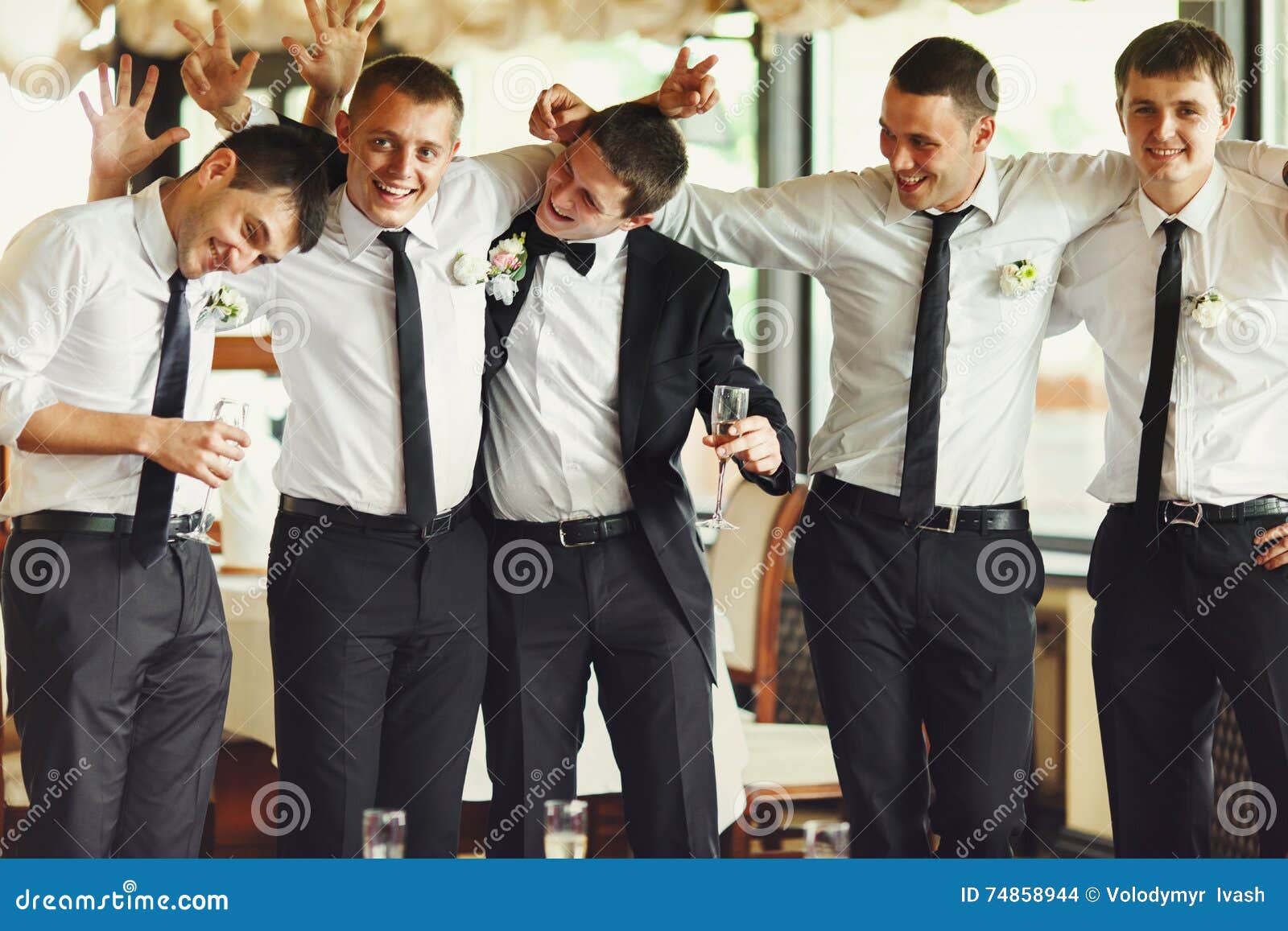 Groom and Groomsmen Have Fun while Posing in the Restaurant Stock Photo ...