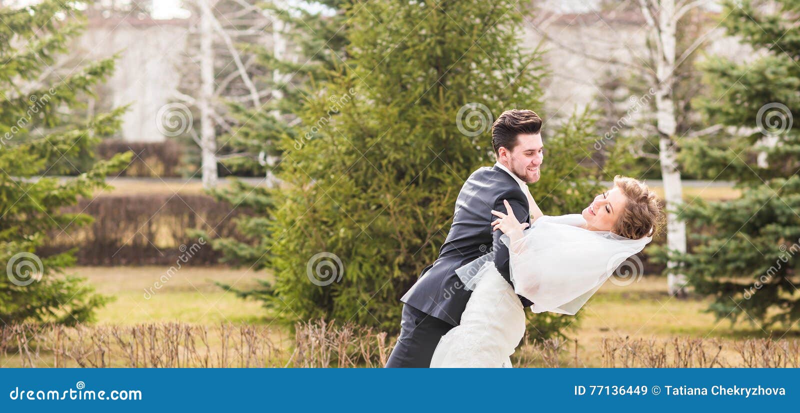 Groom Holding Bride in Dance Pose on Wedding Day Stock Image - Image of ...