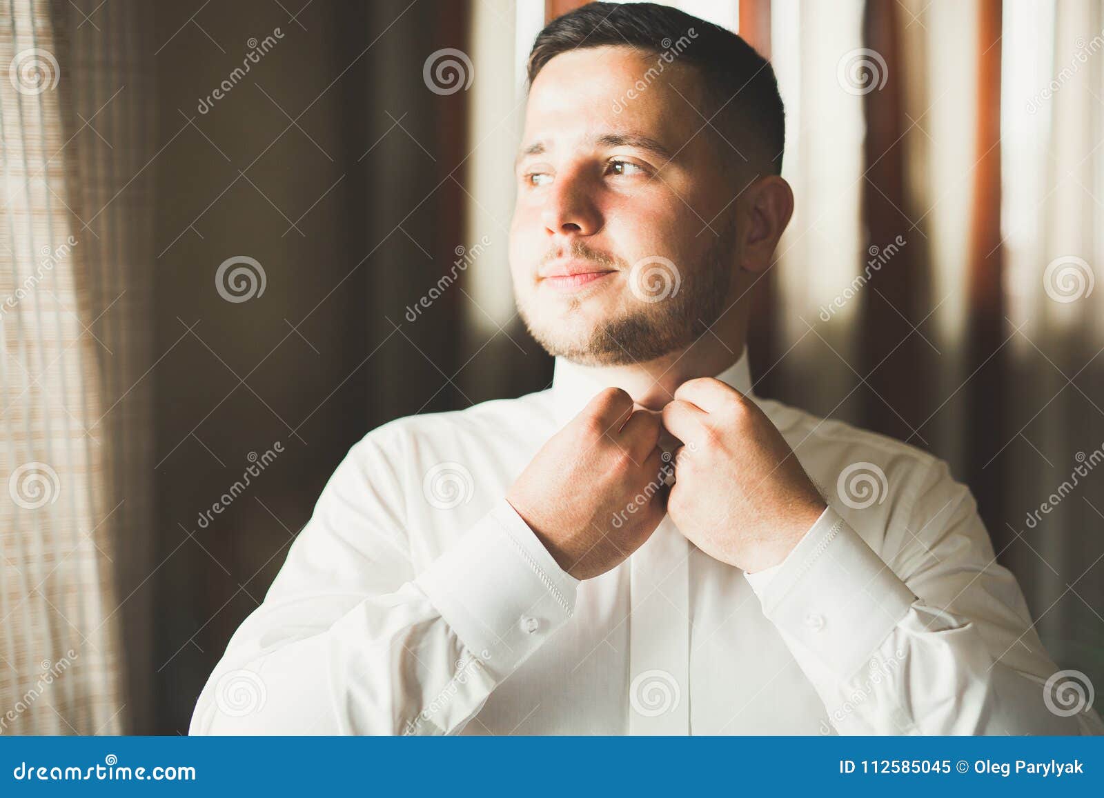 Grooms Morning Preparation. Handsome Man Getting Dressed and Preparing ...