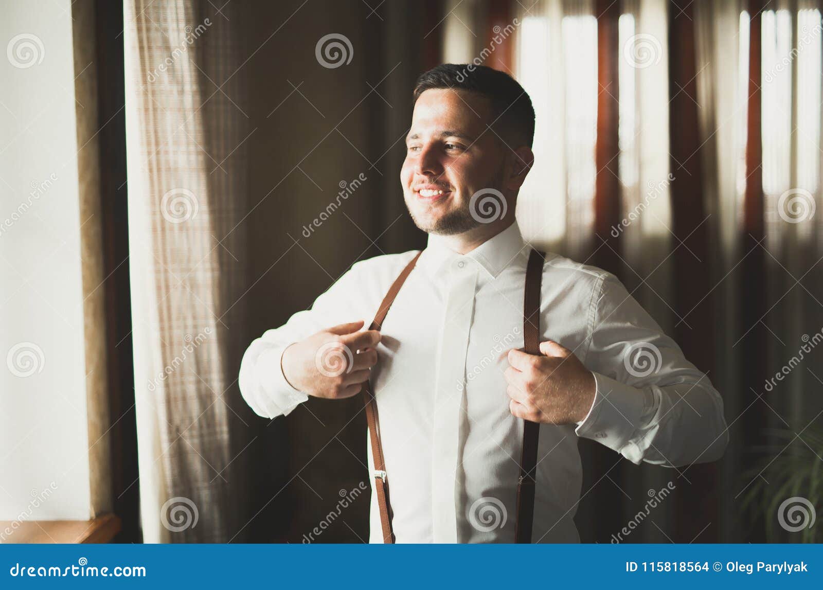 Grooms Morning Preparation. Handsome Man Getting Dressed and Preparing ...